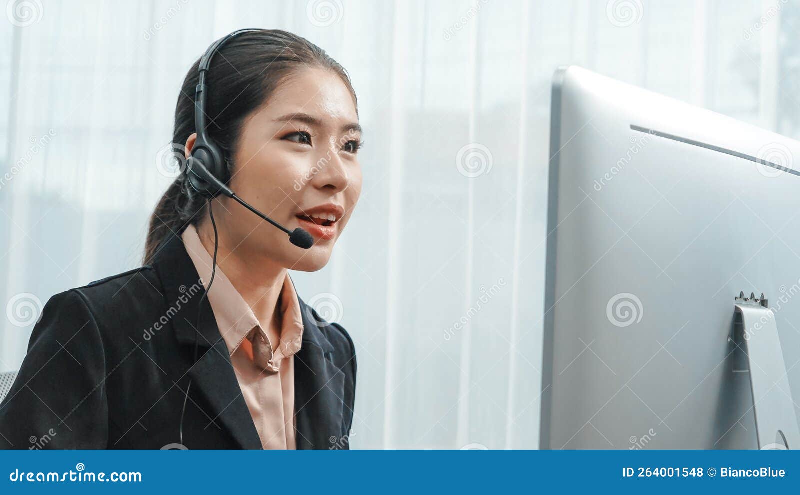Enthusiastic Female Operator Provide Helpful Customer Service To ...
