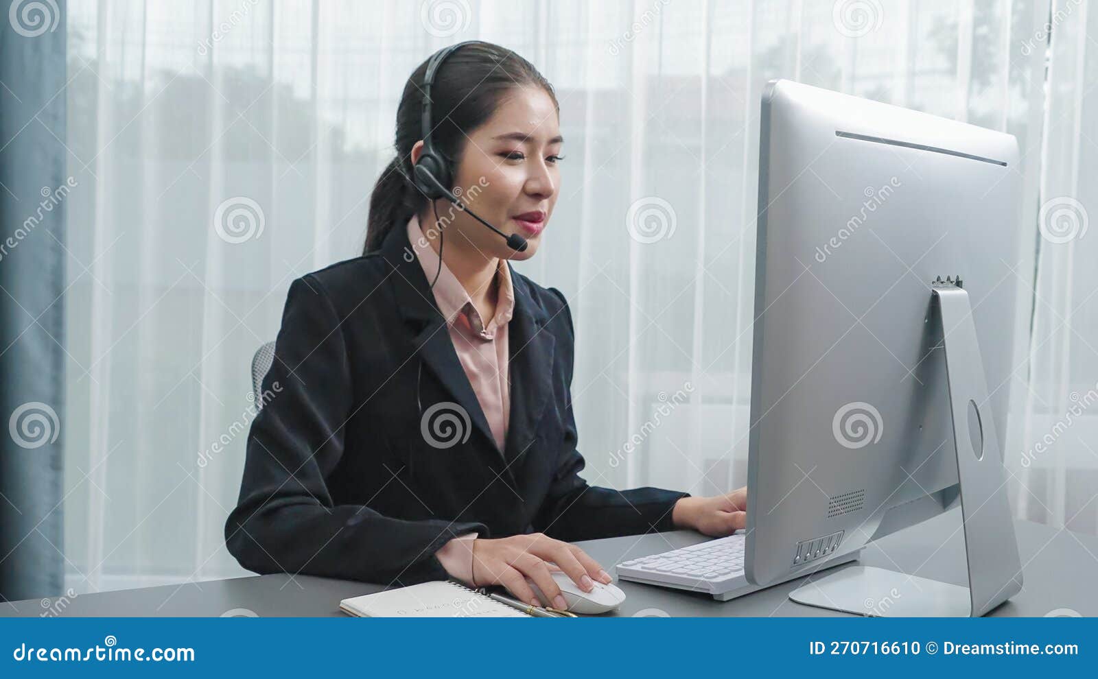 Enthusiastic Female Operator Provide Helpful Customer Service To ...