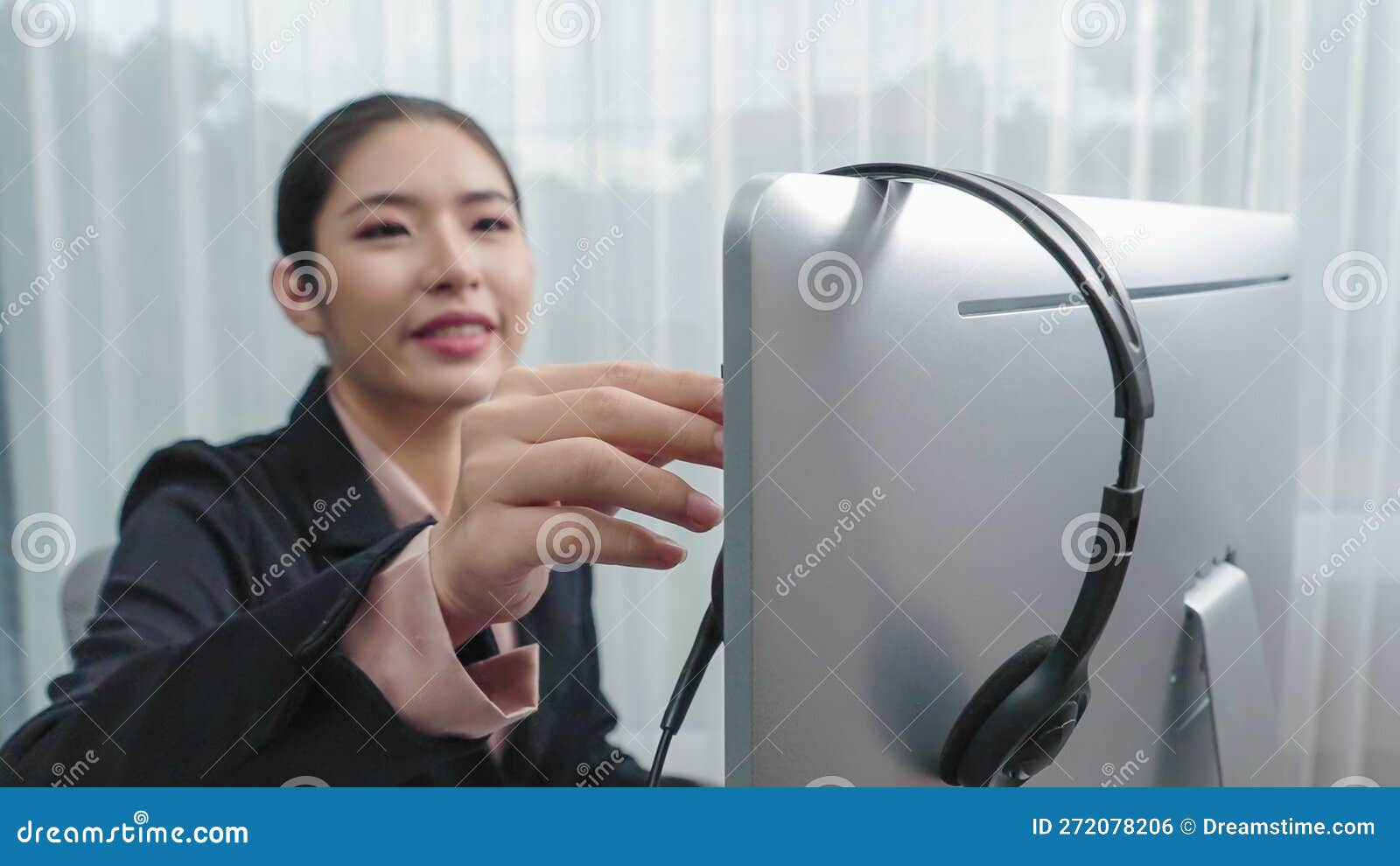 Enthusiastic Female Operator Provide Helpful Customer Service To ...