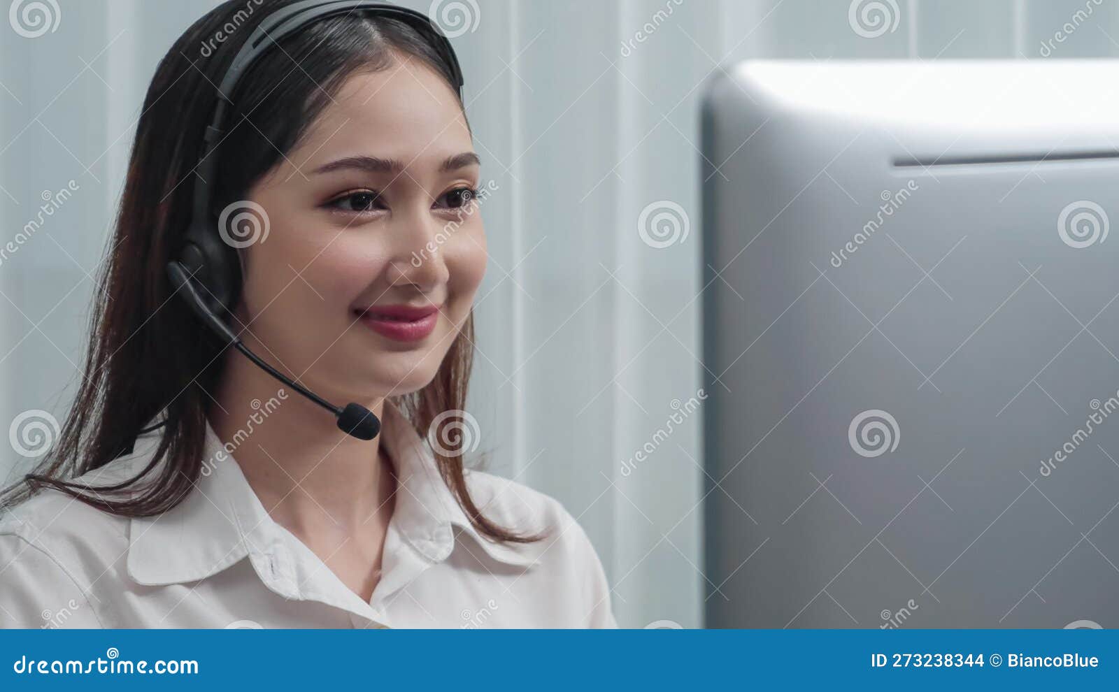 Enthusiastic Female Operator Provide Helpful Customer Service To ...