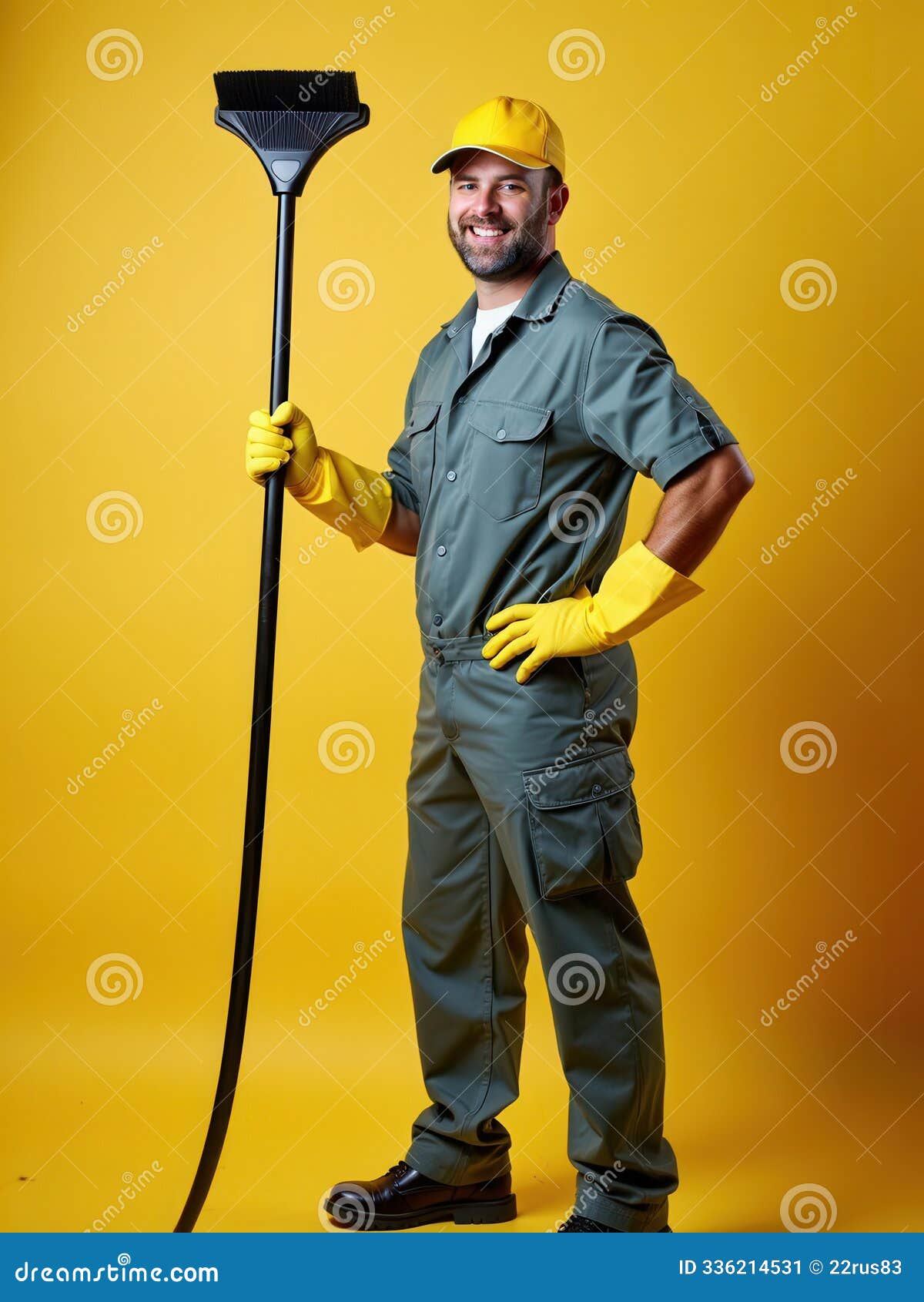 Smiling Janitor in Uniform Holds Broom Against a Yellow Backdrop in ...