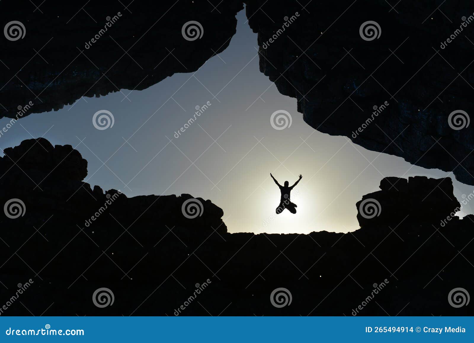 Enthusiastic Jump of Happy Explorer in Mysterious Caves Stock Photo ...