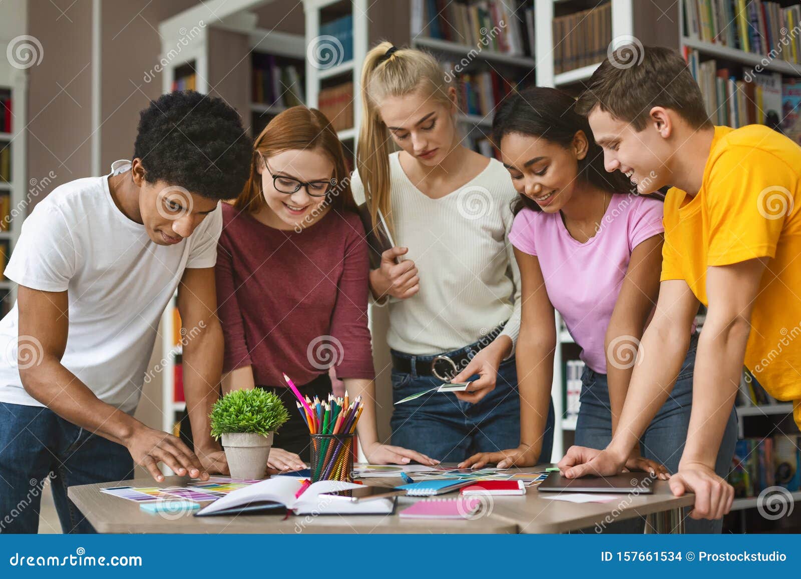 Enthusiastic Students Looking at Color Swatch Samples Stock Photo - Image of designer, design ...