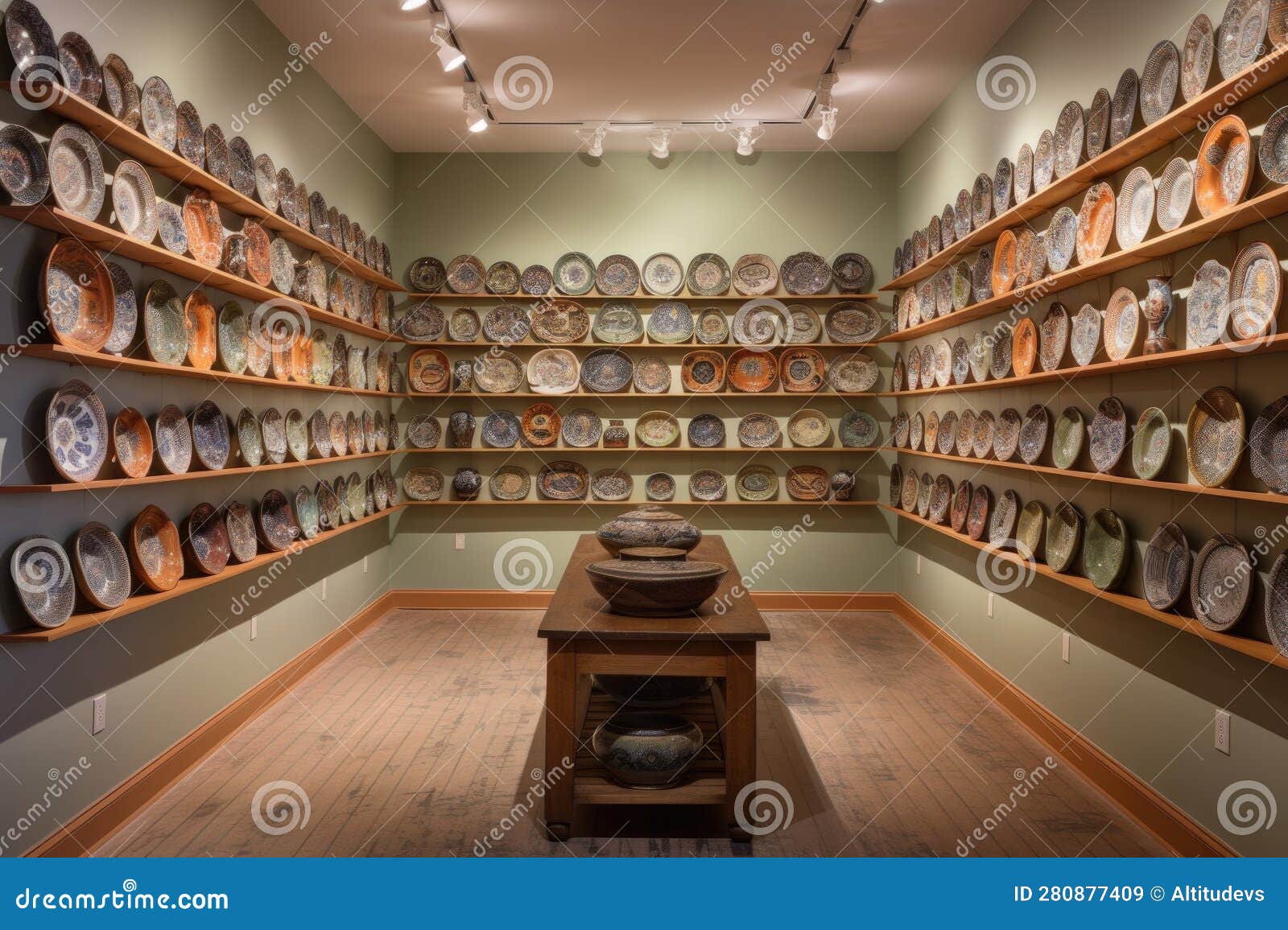 Entire Wall of Pottery and Ceramic Art in Gallery or Museum Setting ...