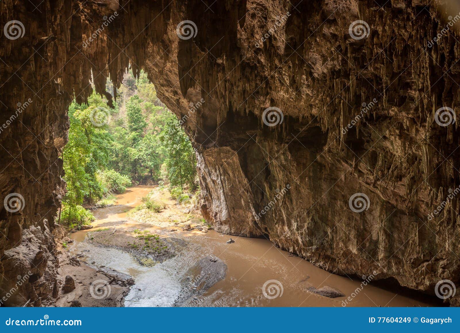 Entrada Enorme Da Caverna Com O Rio Que Flui Dentro Dele Imagem de ...