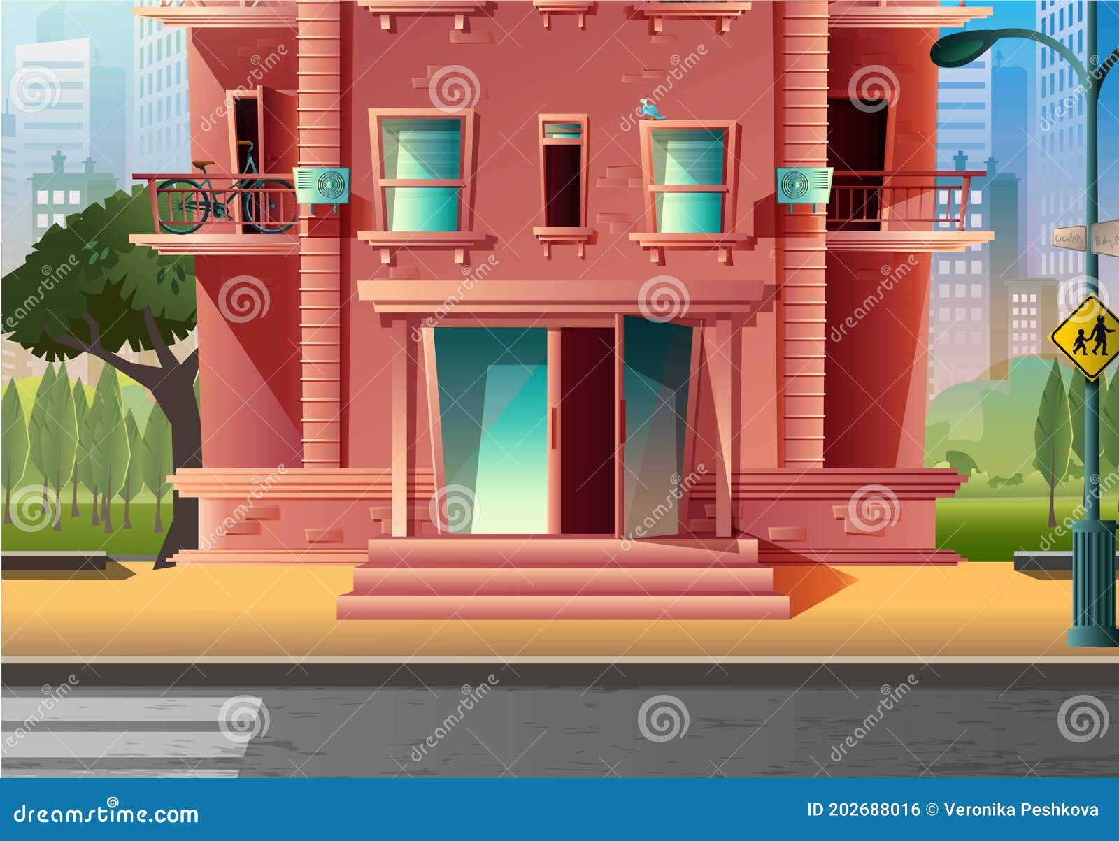 Entrance of Cartoon Style Modern Multi-storey Building, Architecture in ...