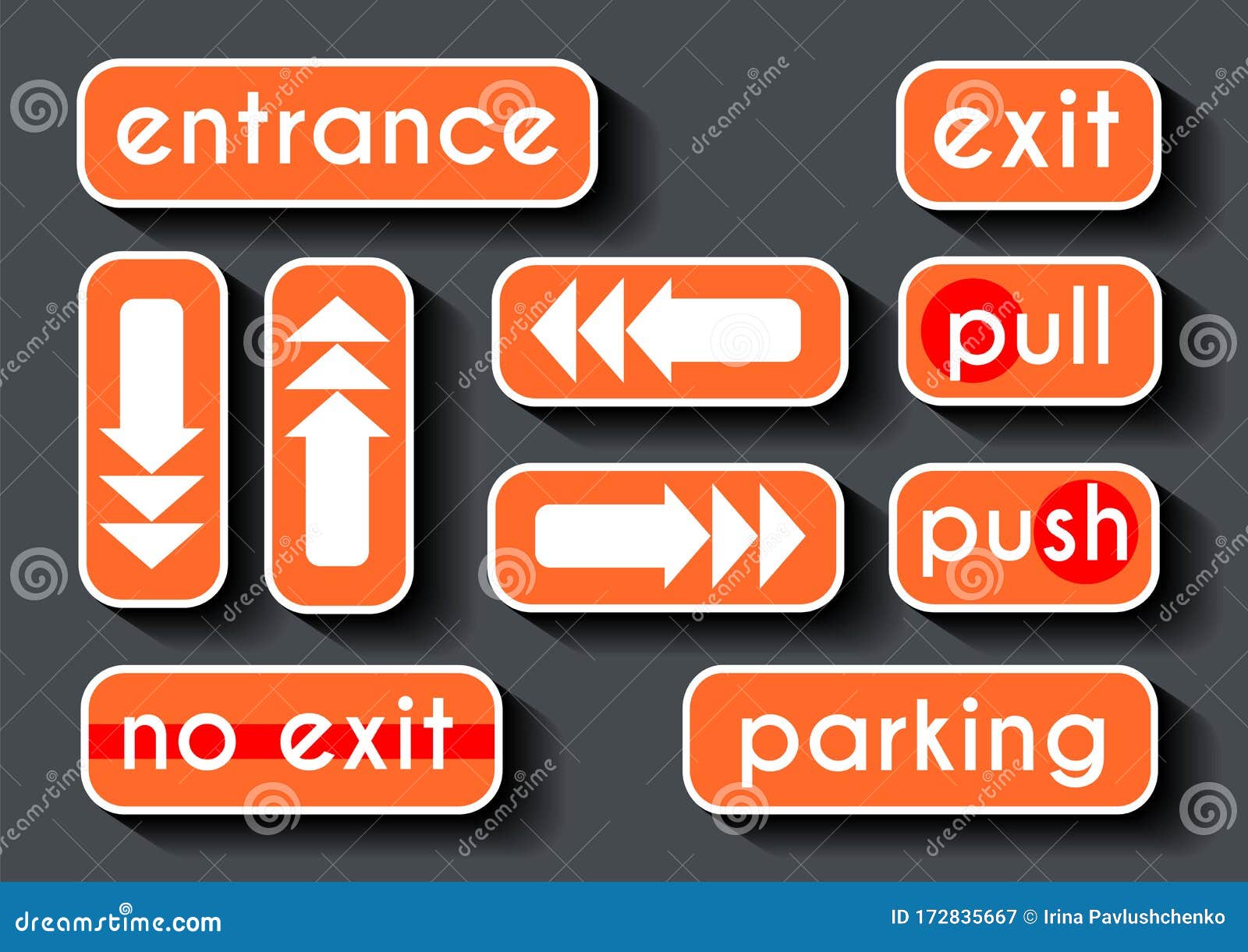 Entrance, Exit, No Exit, Push, Pull, Parking Text and Arrows Signs ...