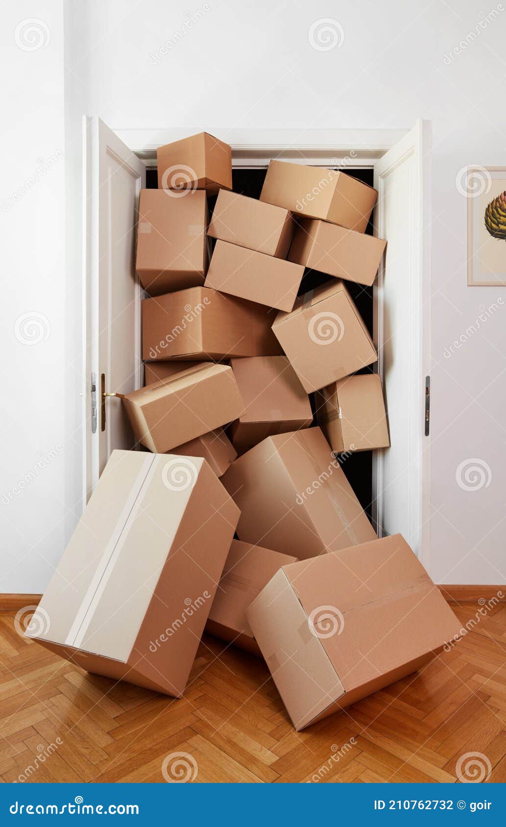Entrance full with boxes stock photo. Image of group - 210762732