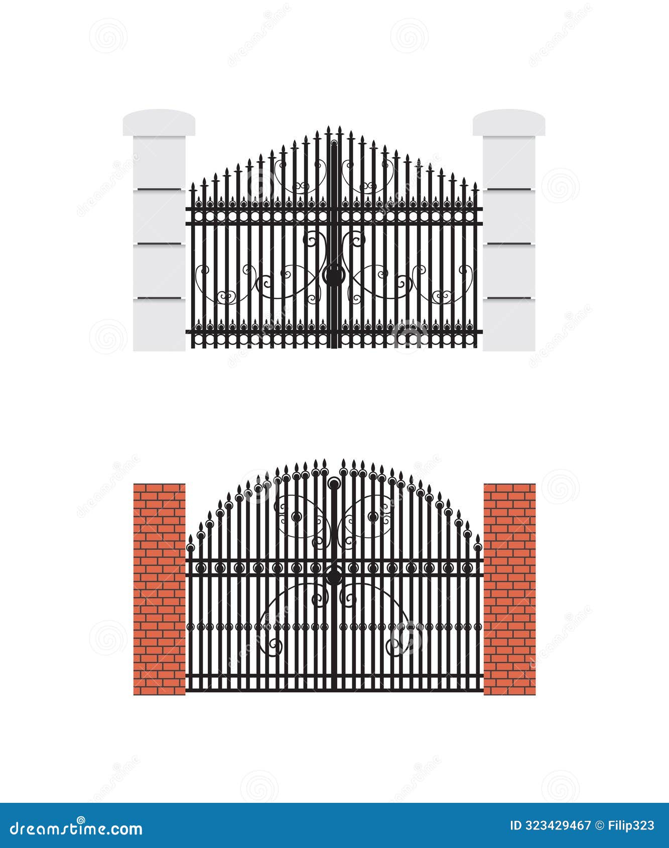 Entrance Metal Gate and Stone Posts Stock Vector - Illustration of ...
