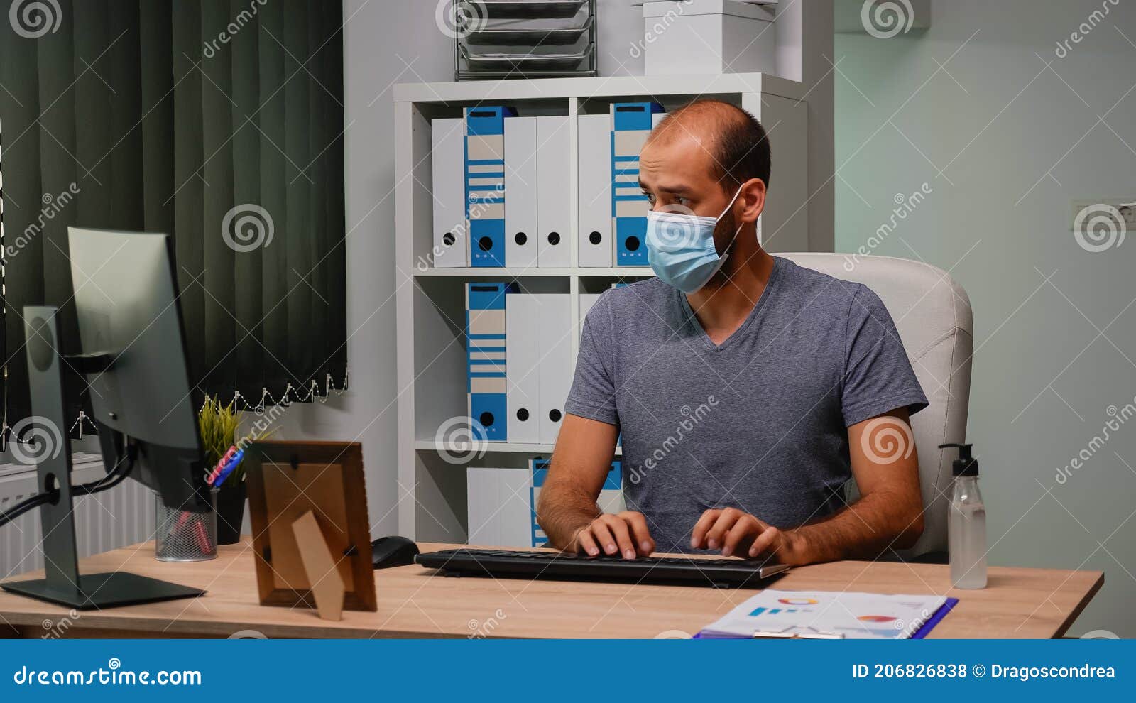 Entrepreneur with Mask Typing on Computer Stock Photo - Image of health ...
