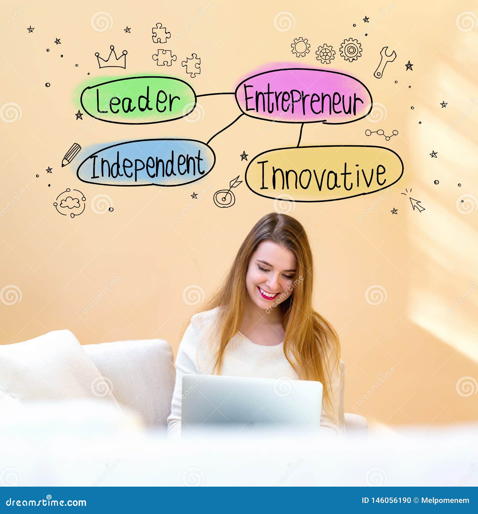 Entrepreneur Theme with Woman Using Laptop Stock Illustration ...