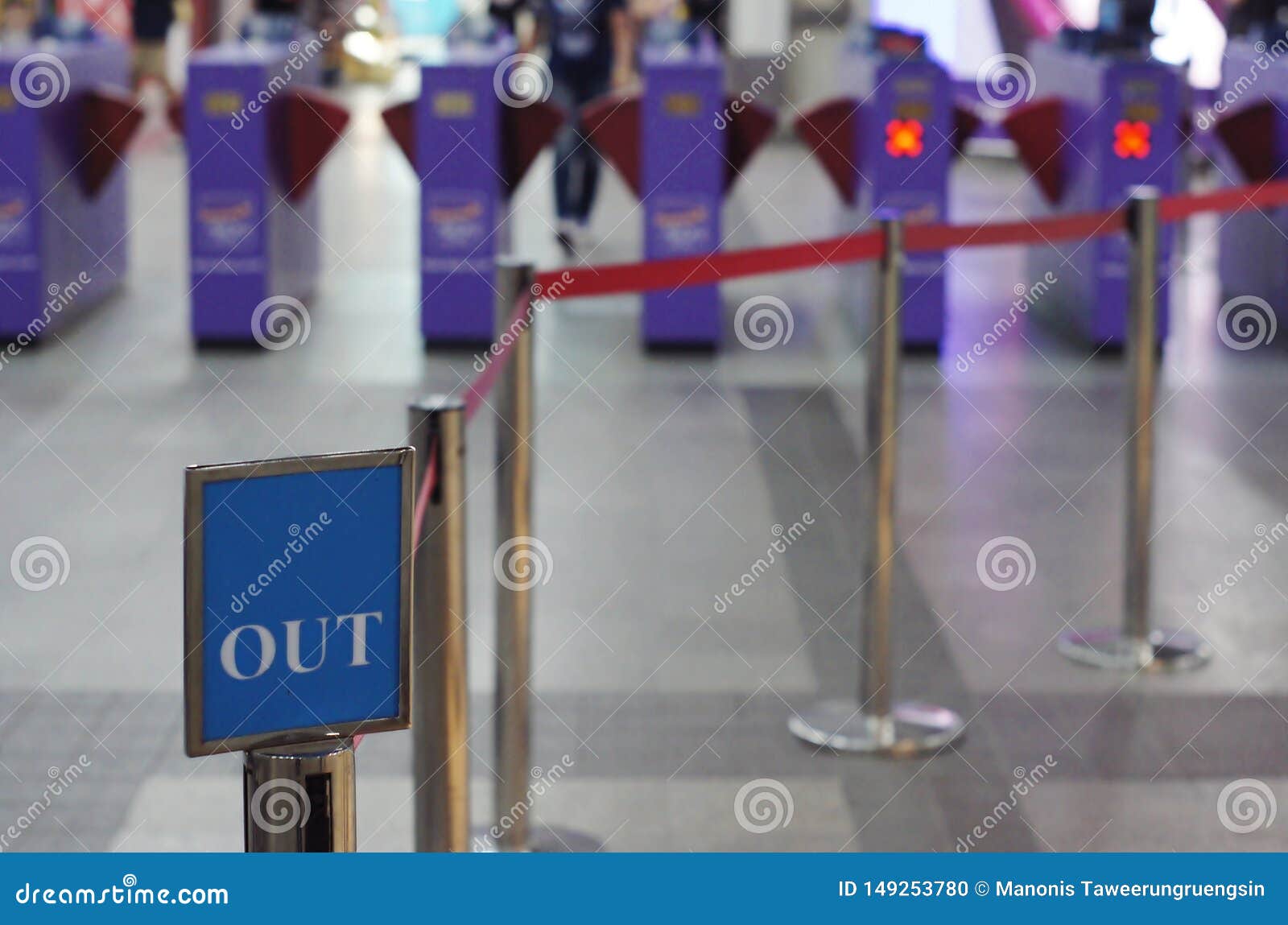Entry Exit Sign Against Rope Barrier Stanchion Queue Rope Barrier Posts Stands Crowd Control