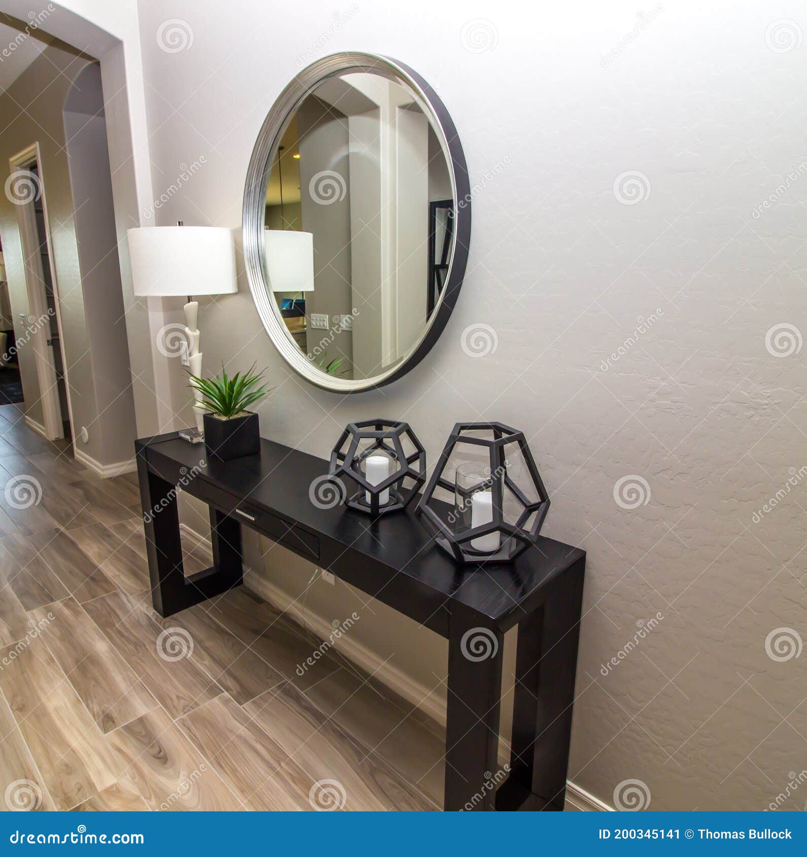Entry Hallway with Circular Mirror & Wooden Entry Bench Stock Image ...