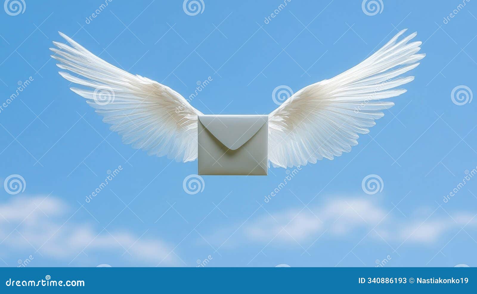Envelope with Angel Wings Flying in Blue Sky, Symbolic Message Delivery ...