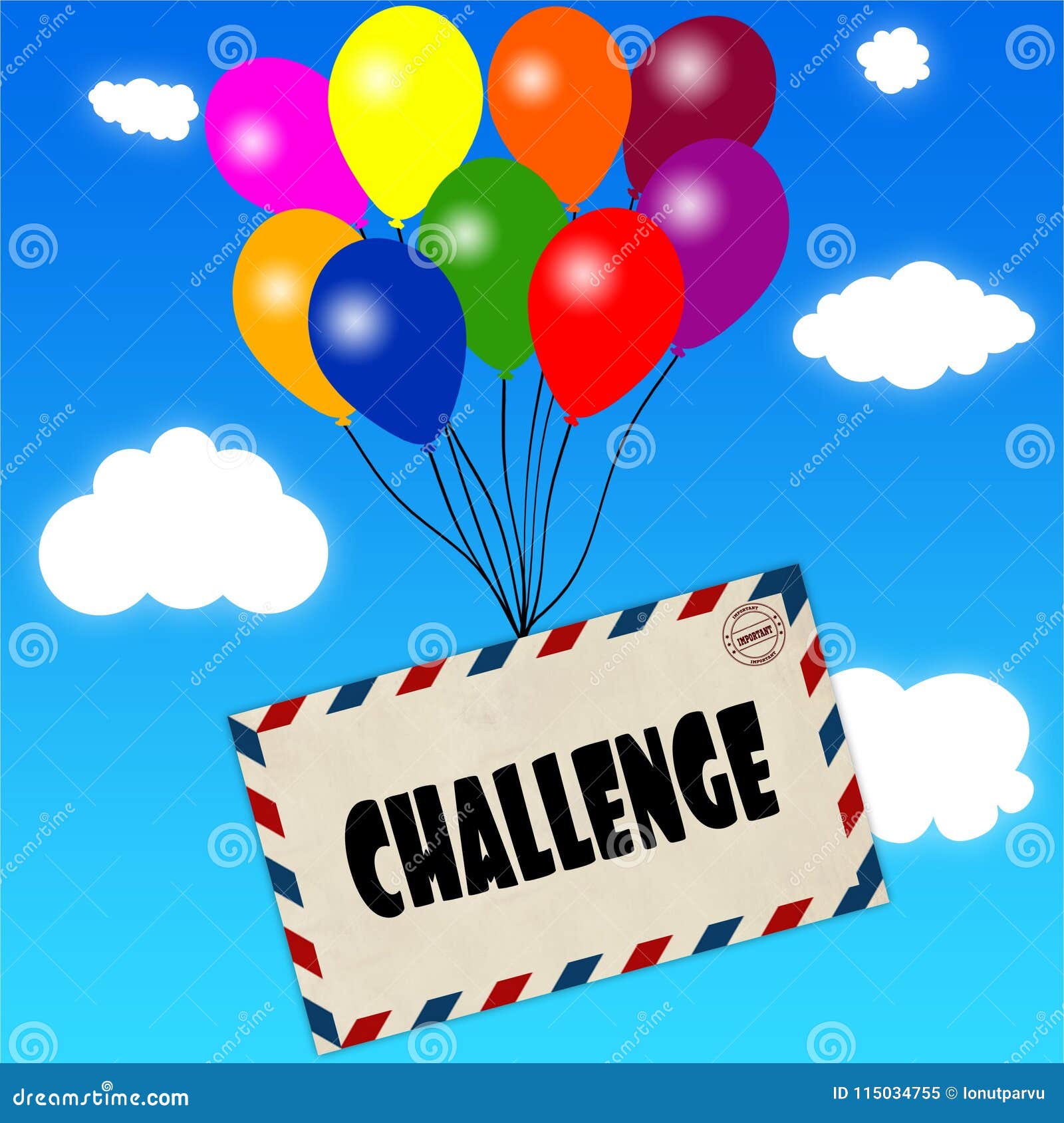 Envelope with CHALLENGE Message Attached To Multicoloured Balloons on ...