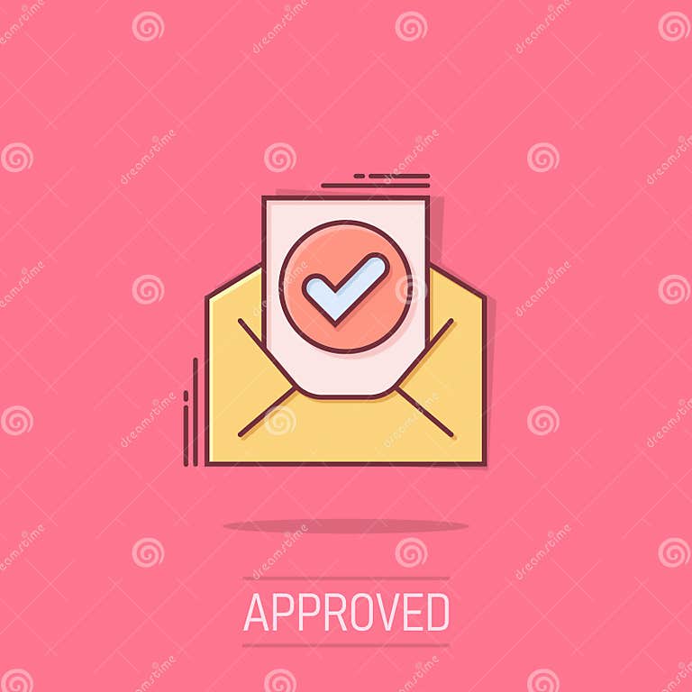 Envelope With Confirmed Document Icon In Comic Style Verify Cartoon