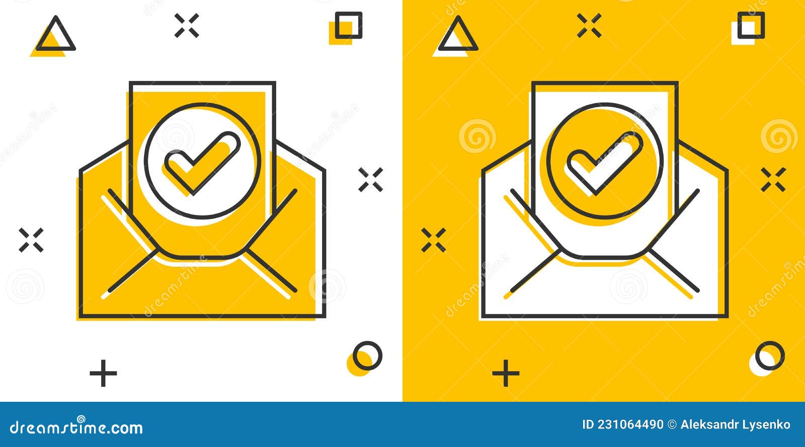 Envelope with Confirmed Document Icon in Comic Style. Verify Cartoon ...