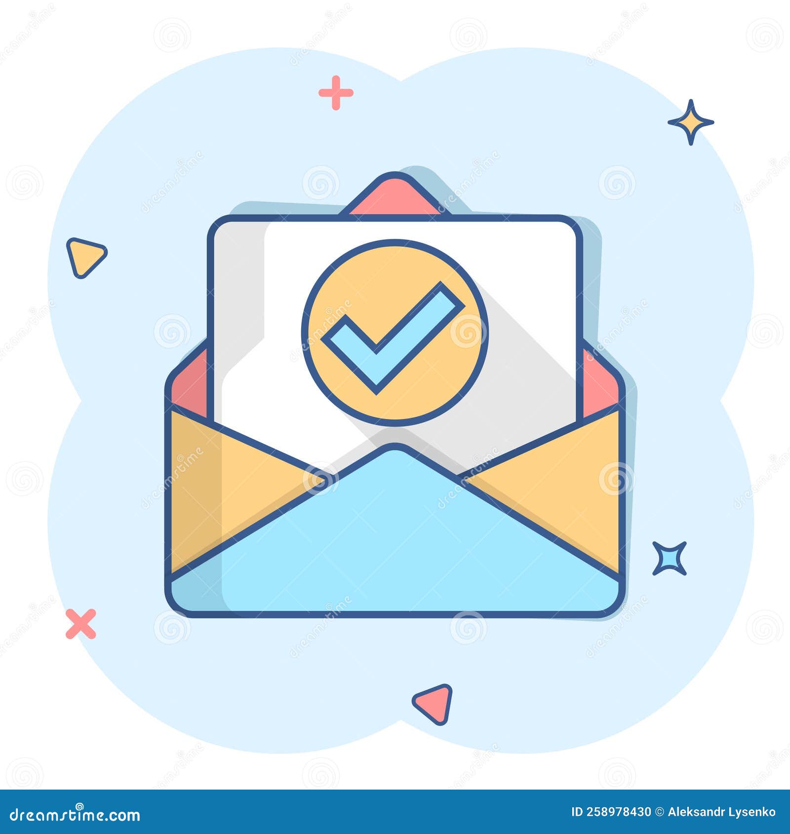 Envelope With Confirmed Document Icon In Comic Style. Verify Cartoon ...