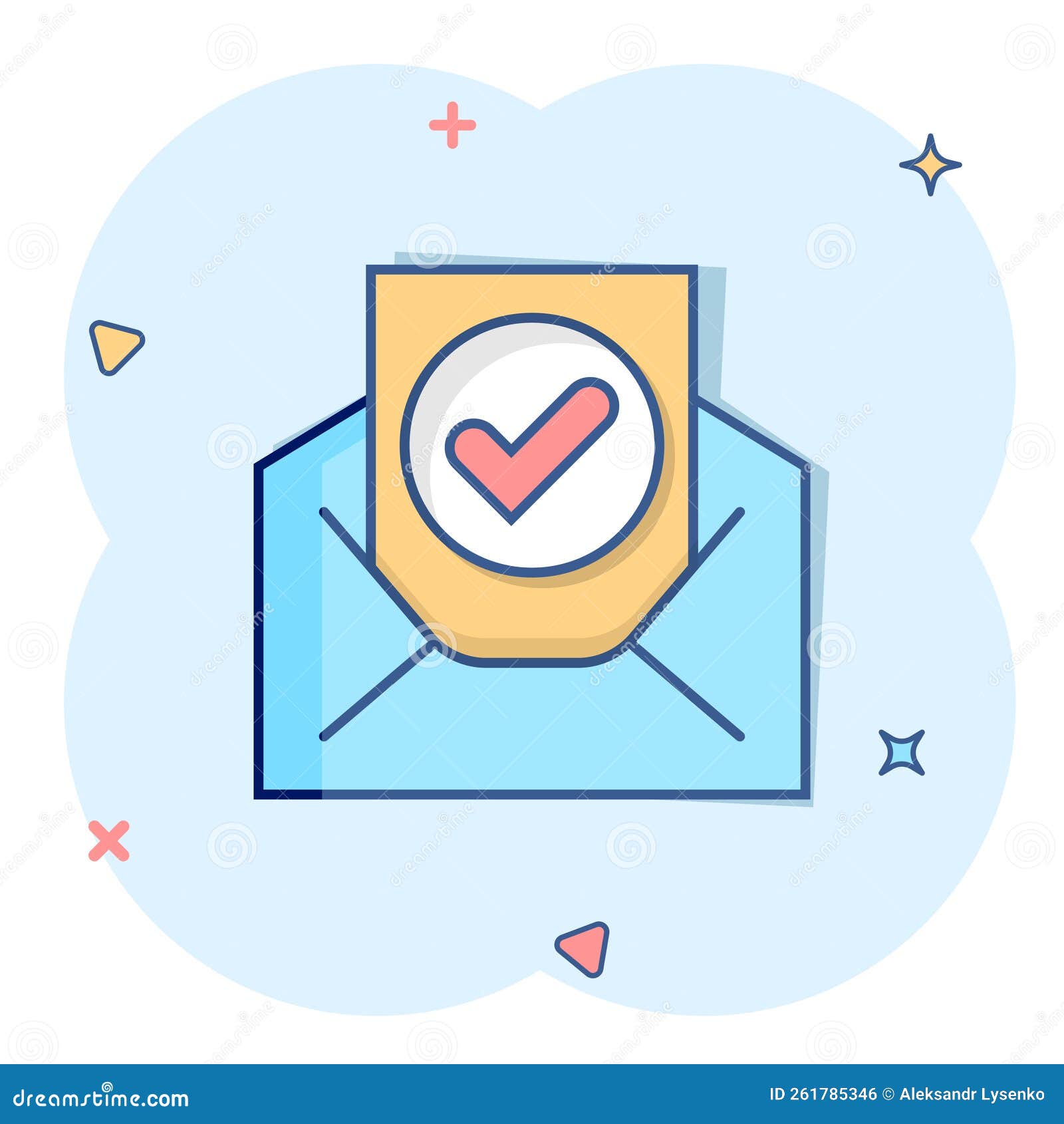 Envelope With Confirmed Document Icon In Comic Style. Verify Cartoon ...