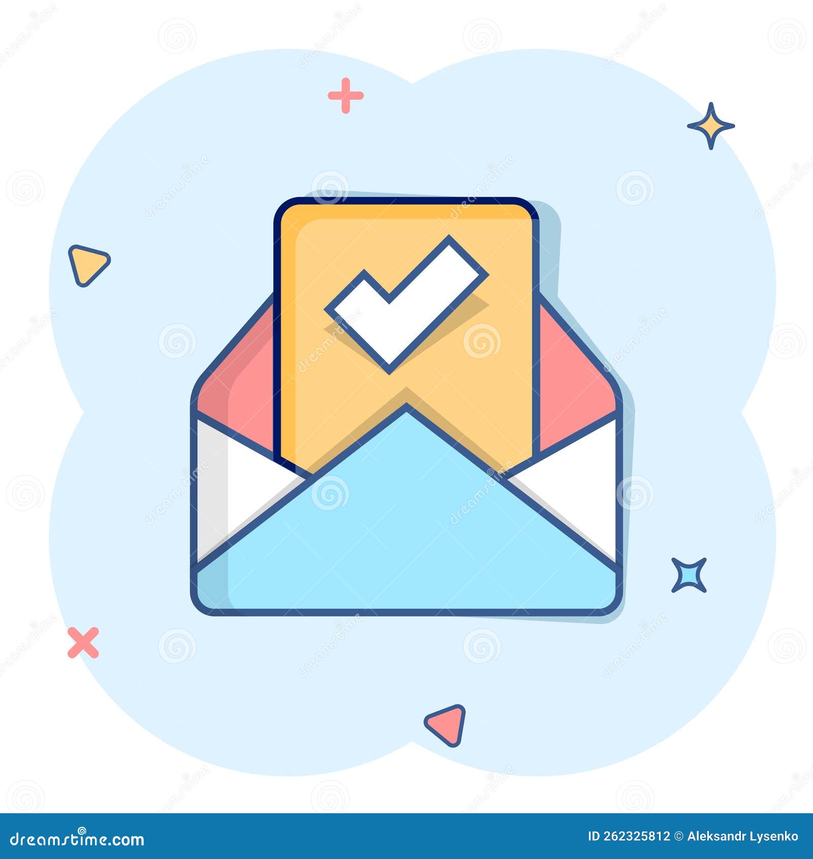 Envelope With Confirmed Document Icon In Comic Style. Verify Cartoon ...
