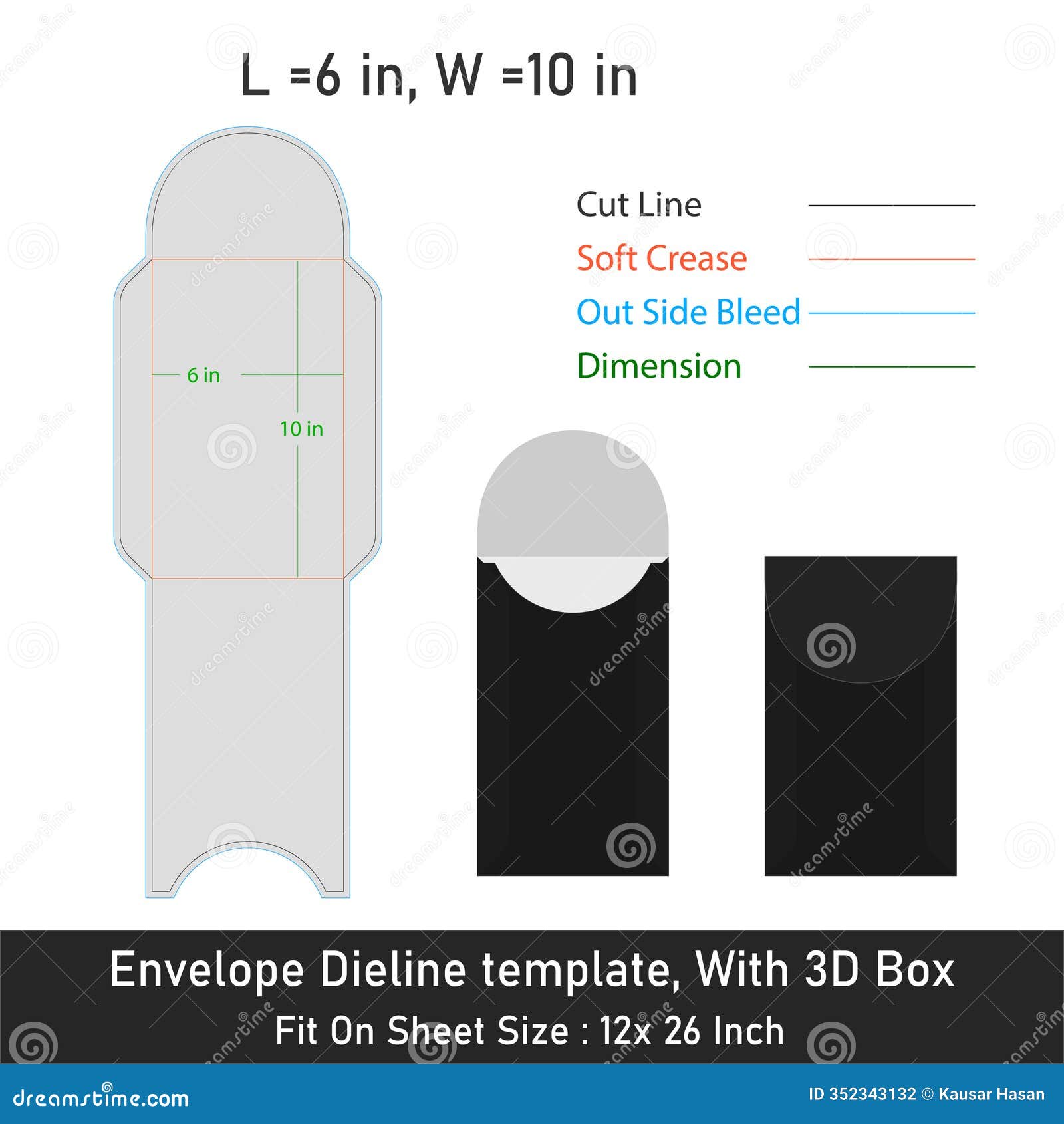 Envelope Dieline Template, with 3D Box, Size 6x10 in Stock Vector ...