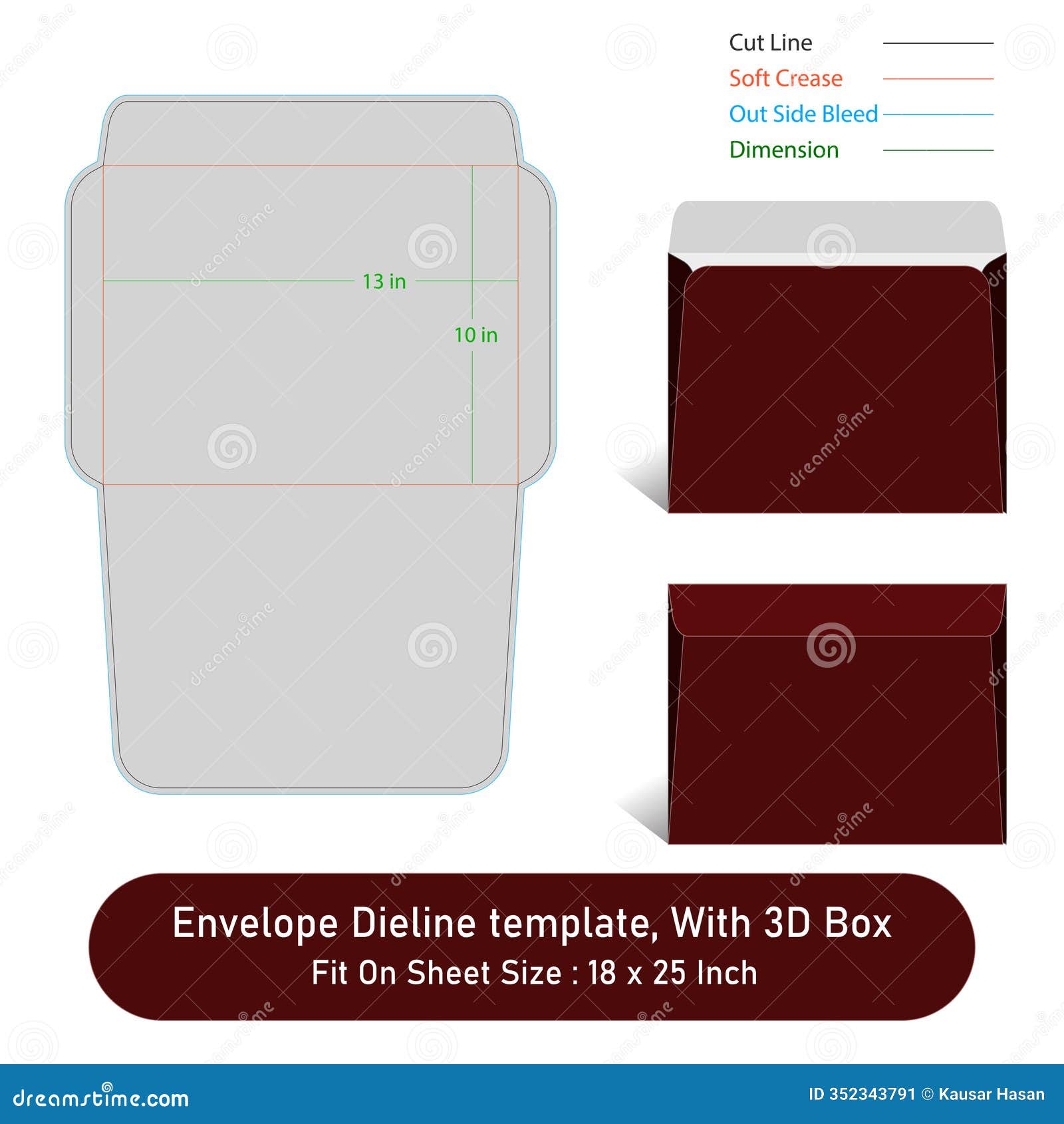 Envelope Dieline Template, and 3D Box, Size 13x10 in Stock Vector ...