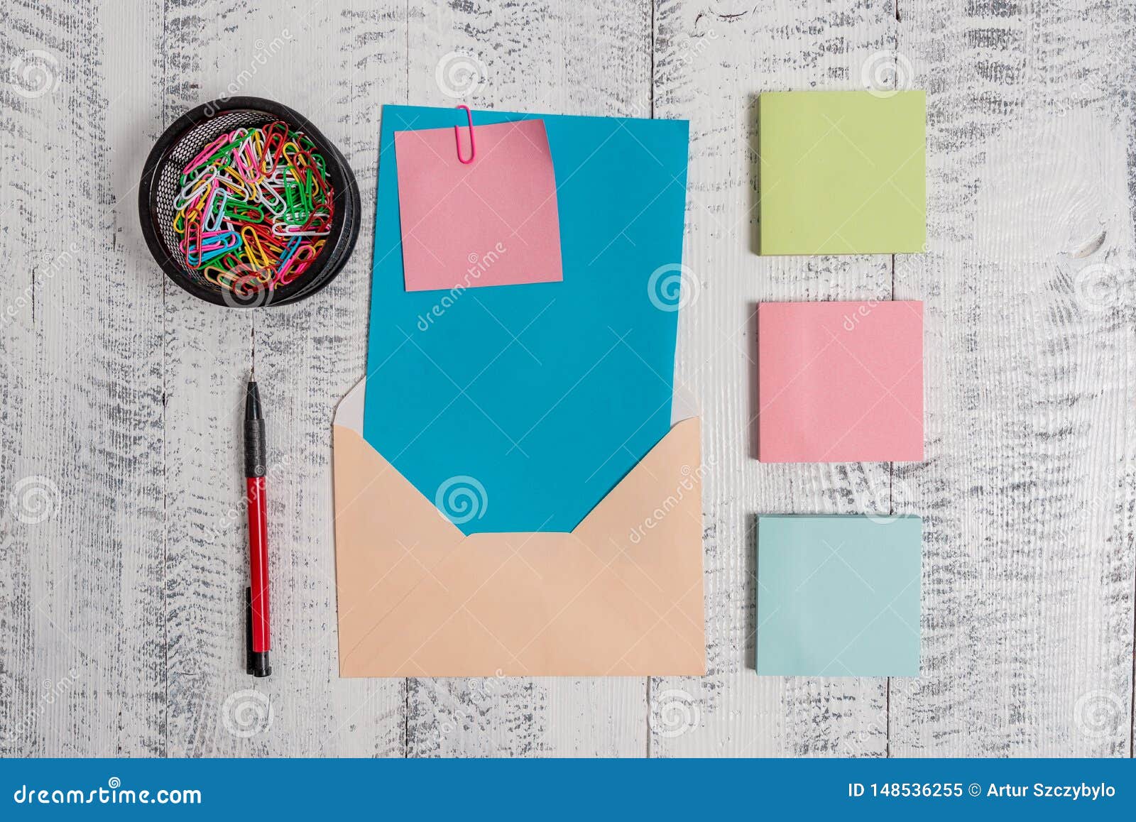 Front View Open Colored Rectangular Envelope Blank Sheet Paper Sticky ...