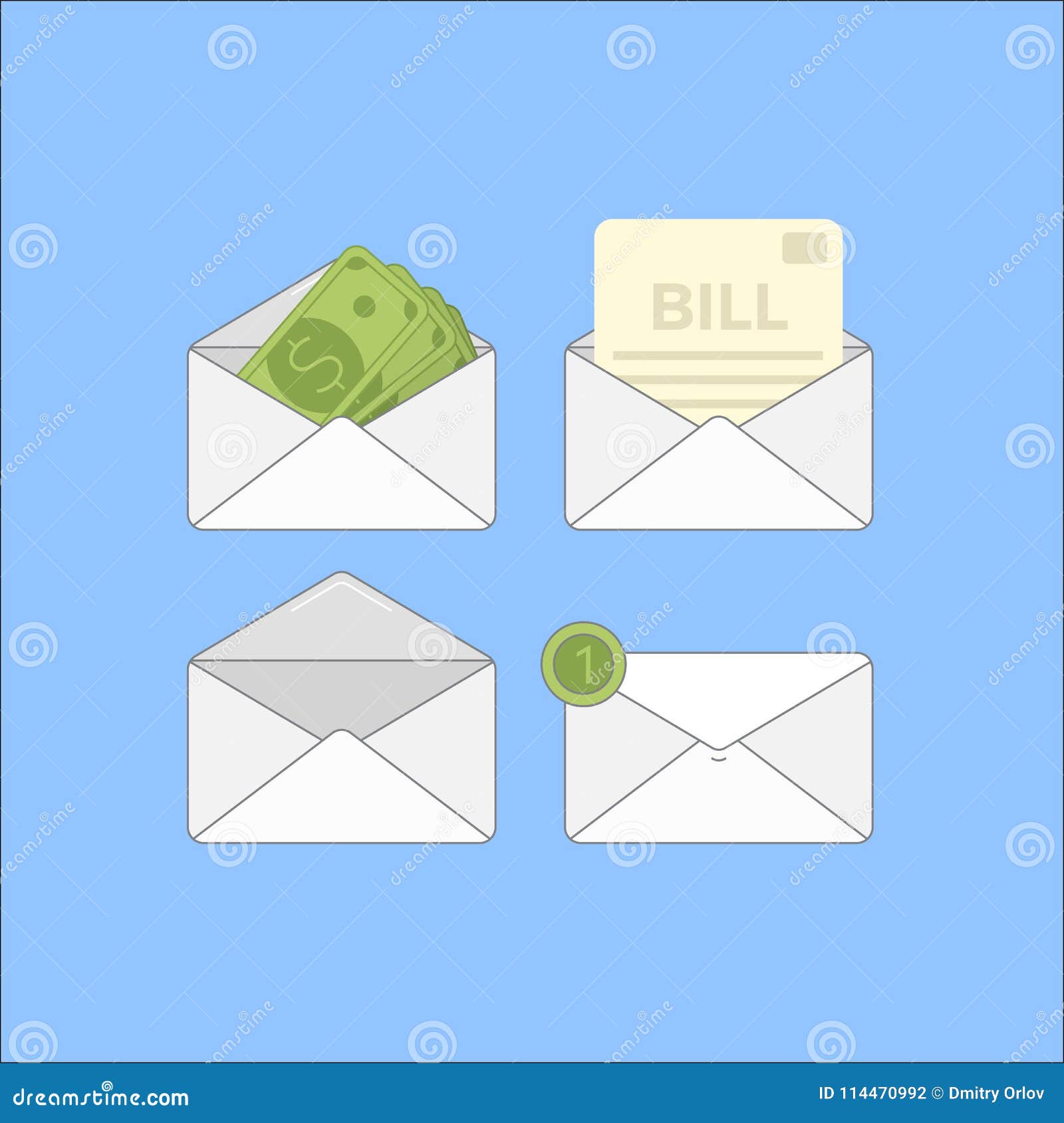 Envelope with Money and Bills.Flat Set of 4 Finance Mail Icon Stock ...