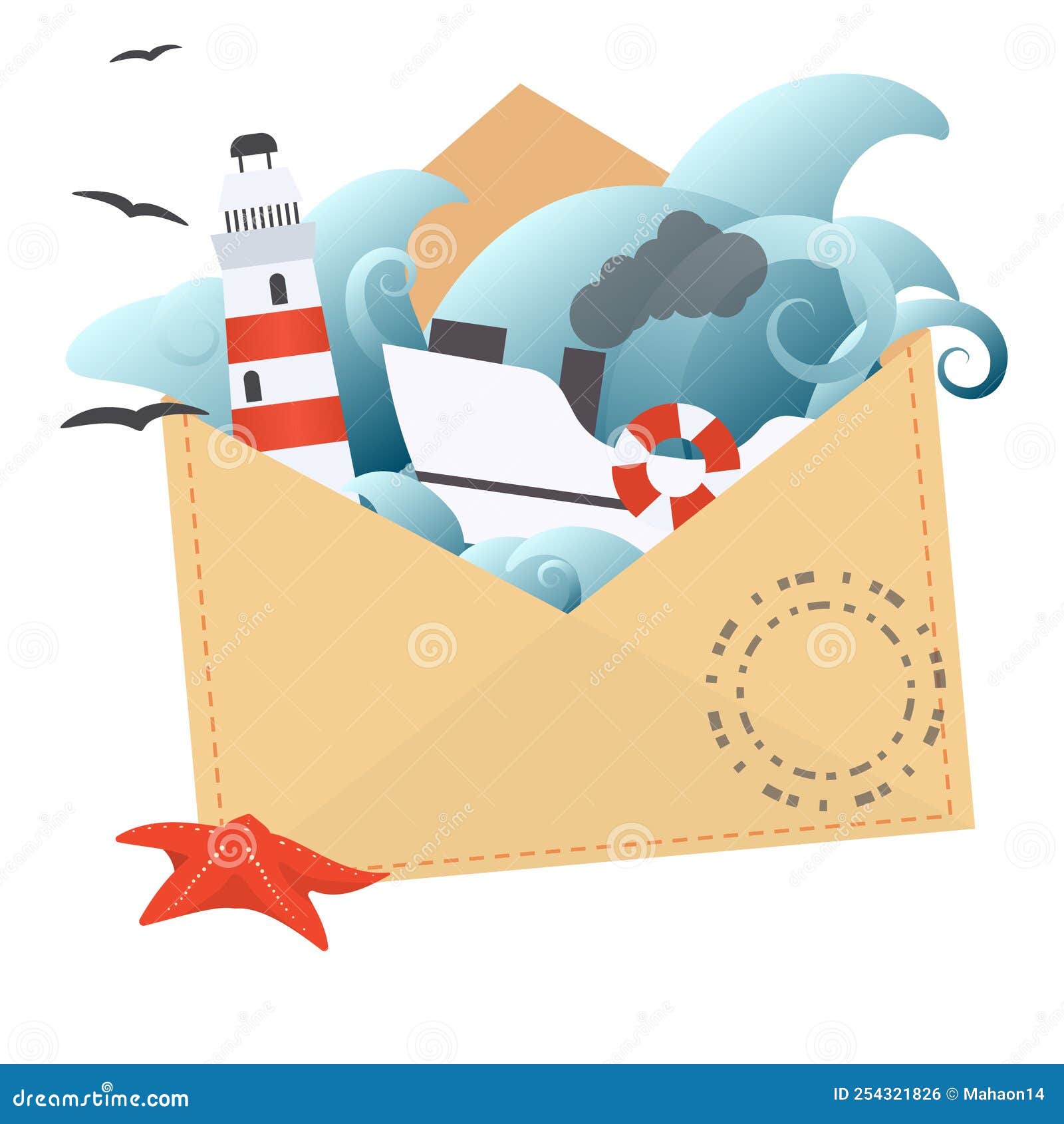 Envelope with Ocean and Ship Stock Vector - Illustration of concept ...