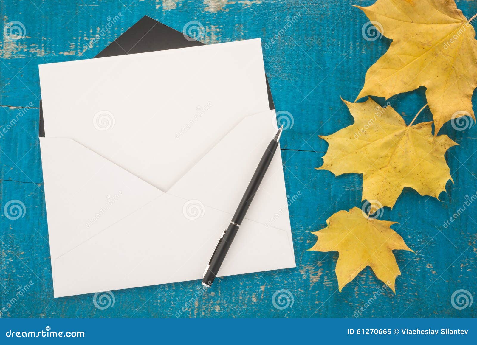 Envelope, Pen and Autumn Leaves Stock Image - Image of blue, object ...