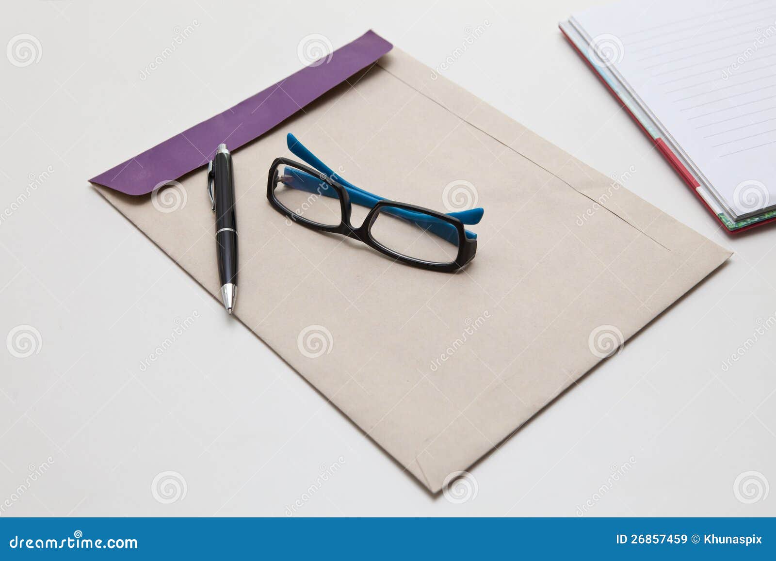 Envelope Pen and Glasses Normal Object in Working Stock Image - Image ...