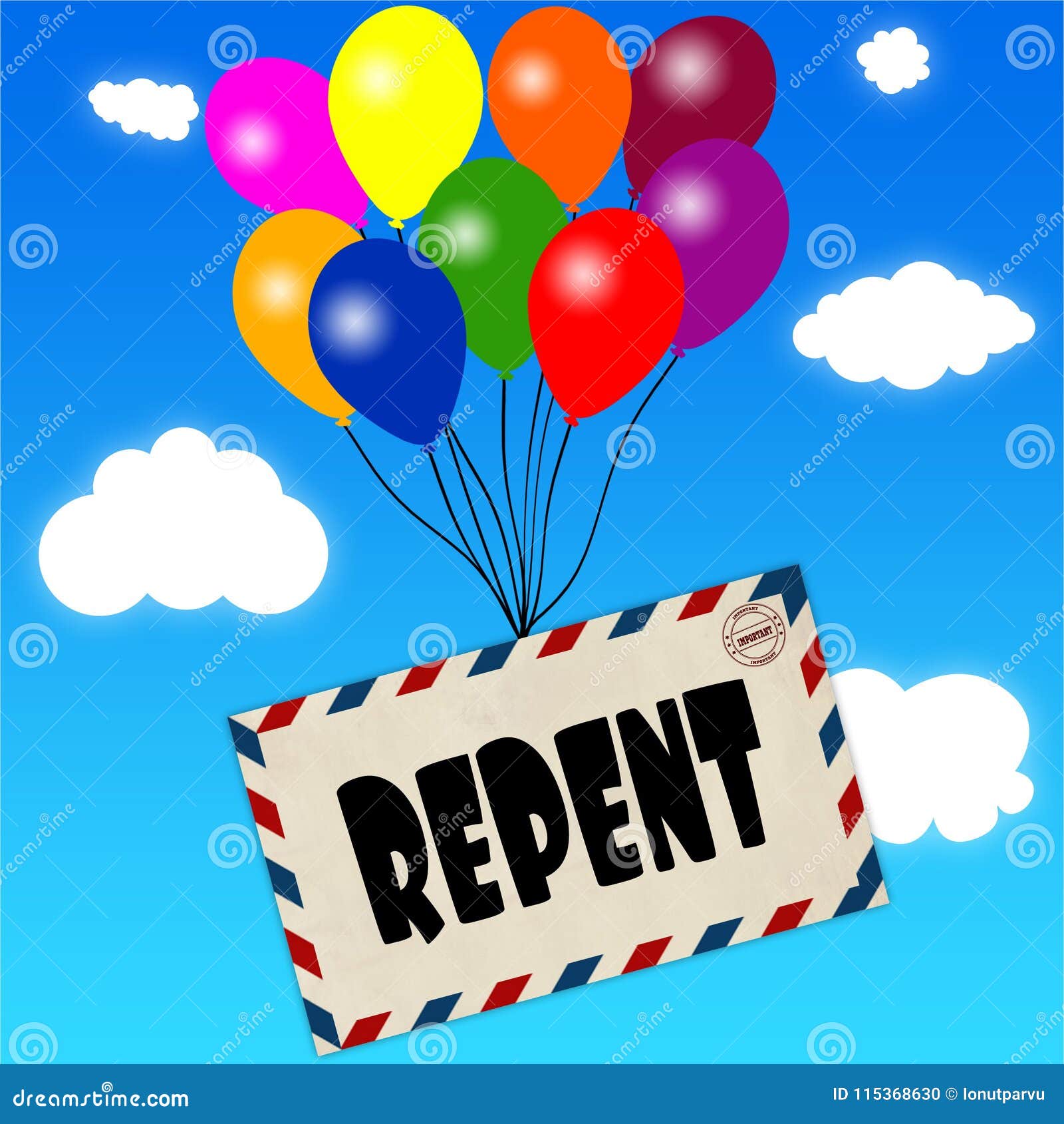 Envelope with REPENT Message Attached To Multicoloured Balloons on Blue ...
