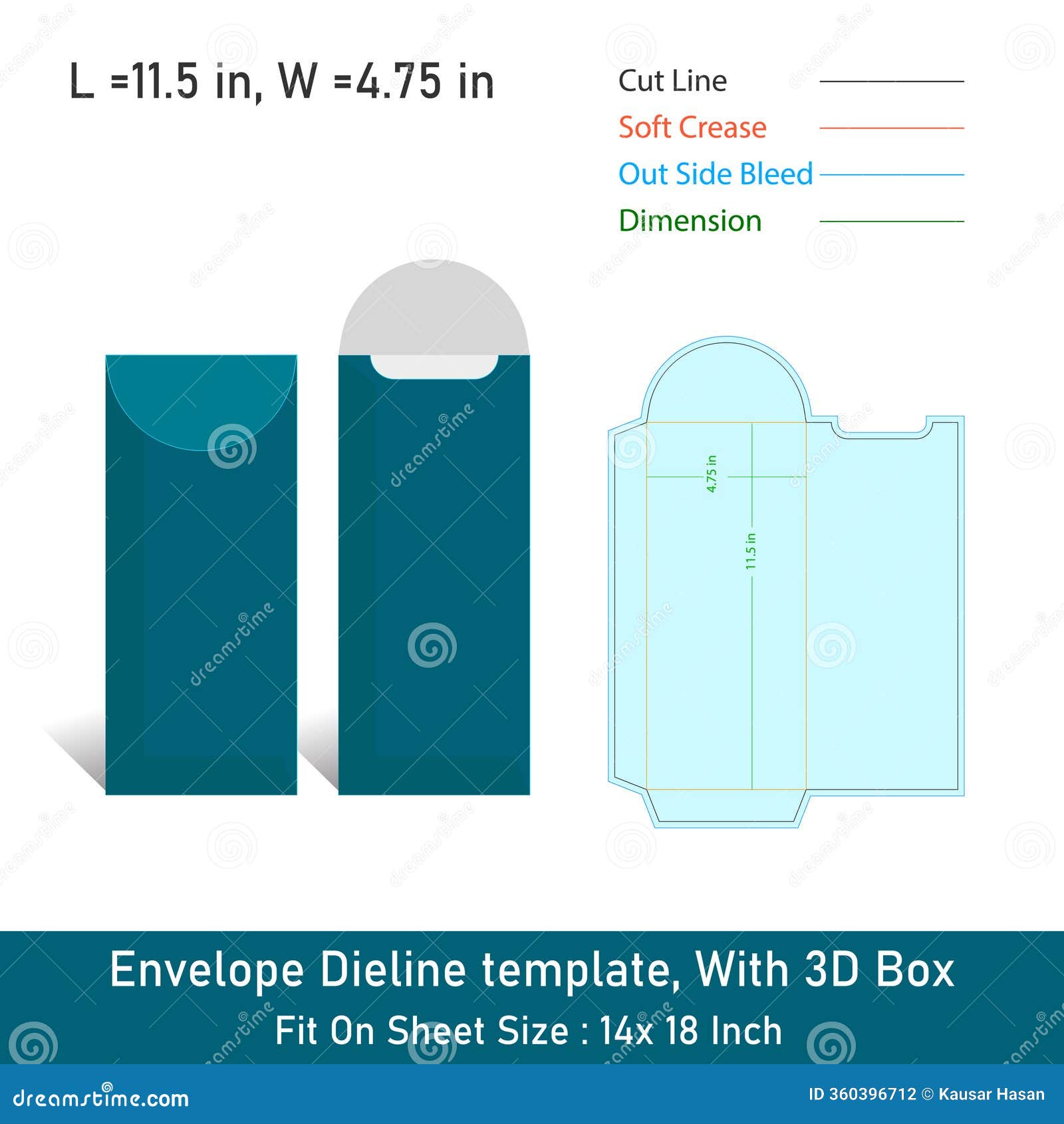 Envelope Size 11.5 X 4.75, Dieline Template, with 3D Box, Vector File ...
