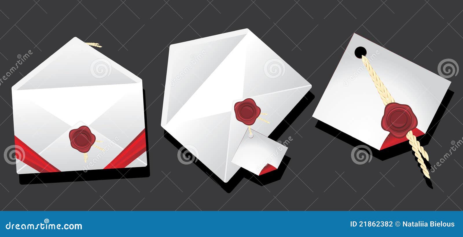 Envelopes Tied With Red Ribbon And Sealed Realistic Set. Kraft Paper ...