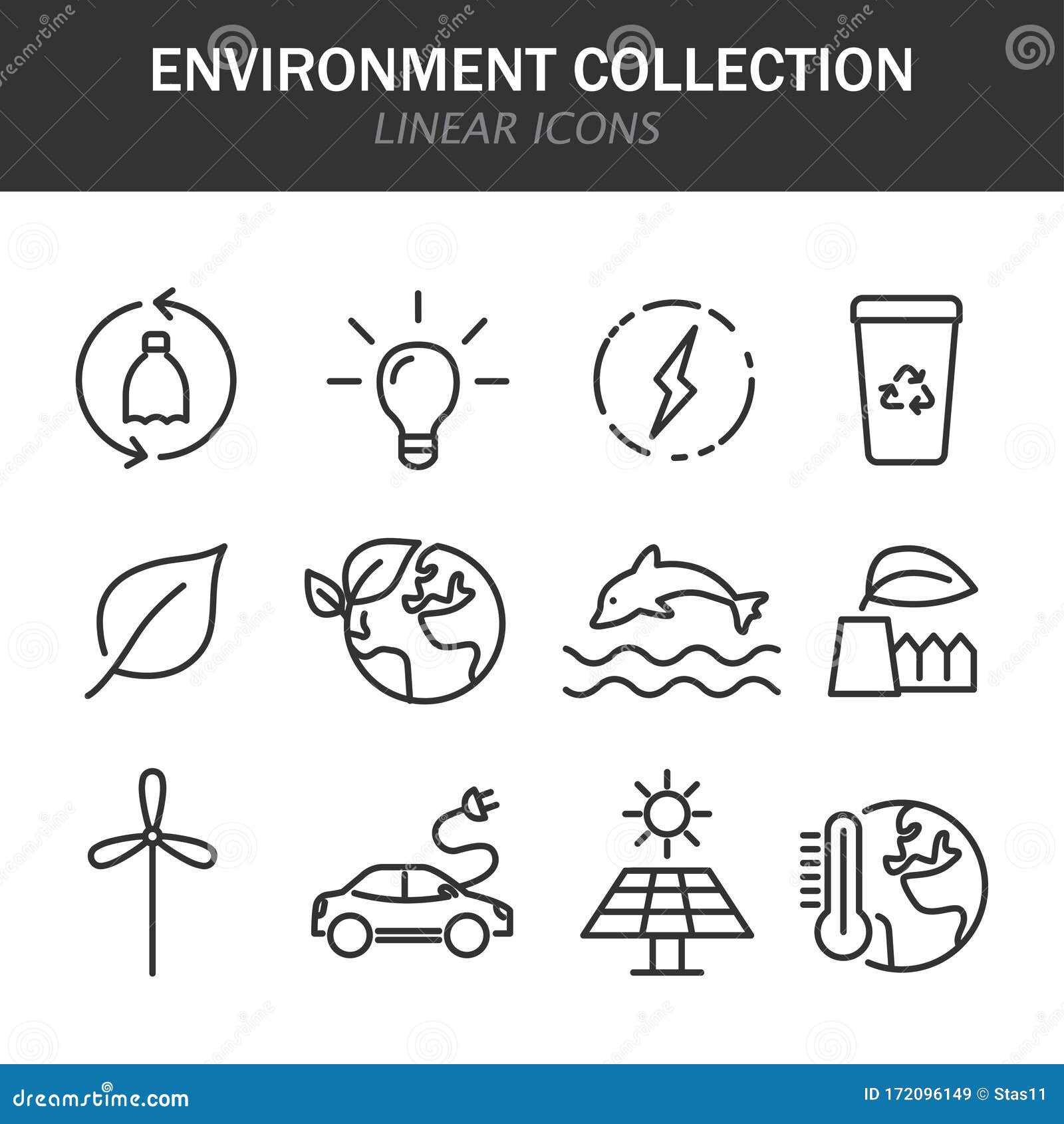 Environment Collection Linear Icons in Black on a White Background ...