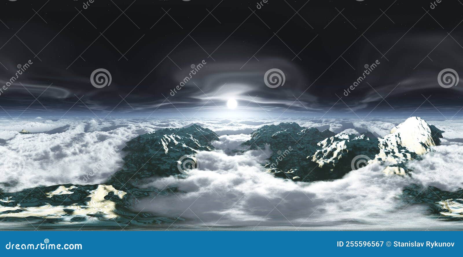 The Moon Over the Clouds.HDRI Stock Illustration - Illustration of land ...