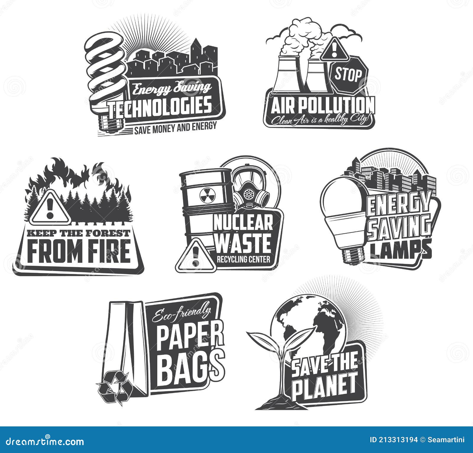 Environment Pollution and Save Energy Vector Icons Stock Vector ...