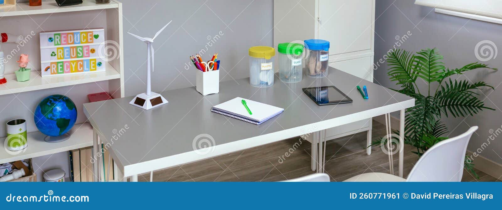 Environmental Classroom with Selective Trash Bins and Windmill Over ...