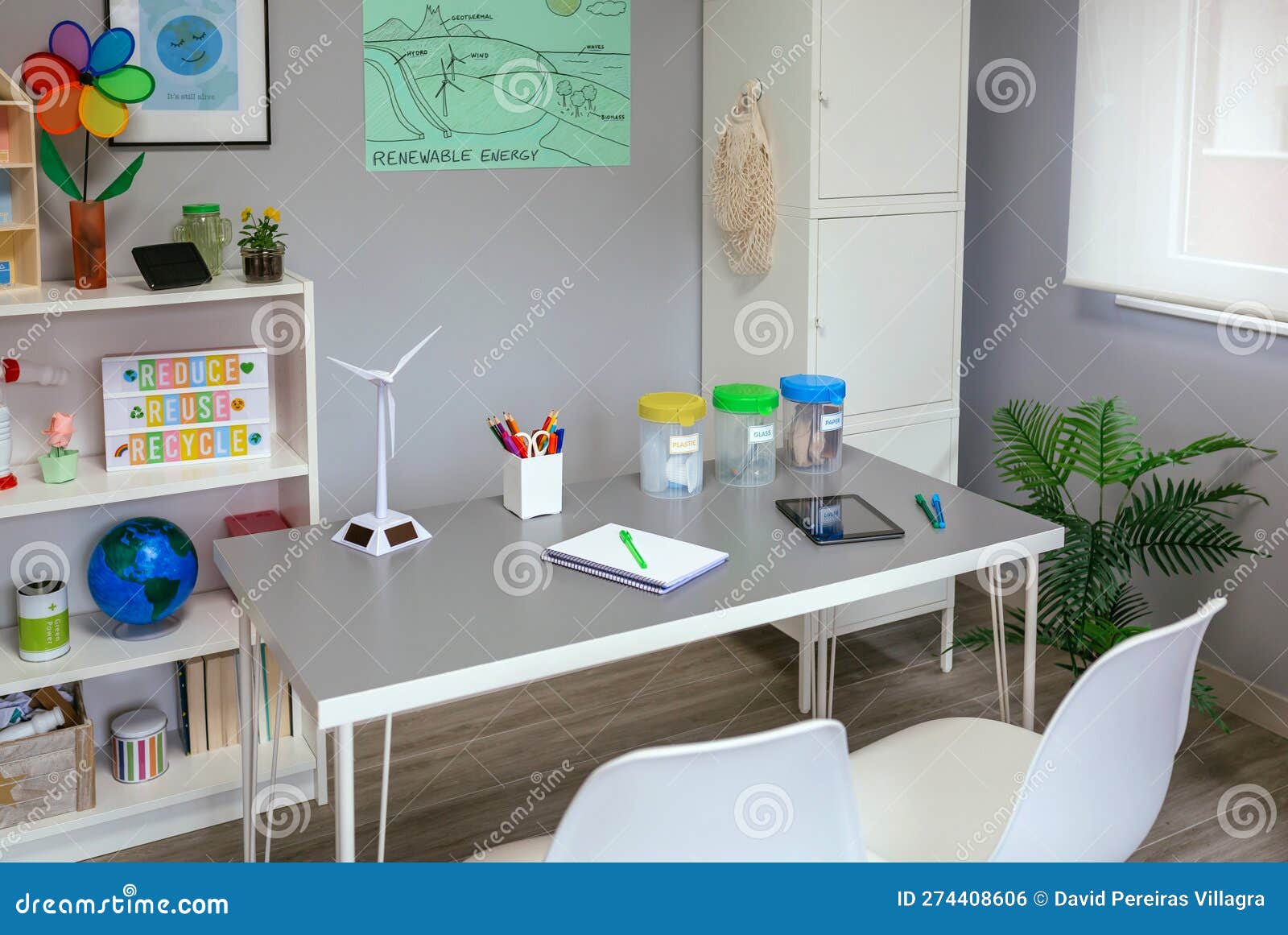 Environmental Classroom with Selective Trash Bins and Windmill Over ...
