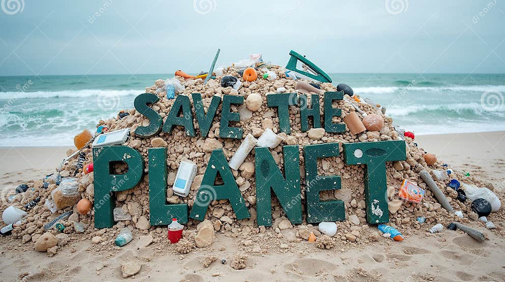 Save the Planet Message on Beach Amidst Garbage Pile Stock Illustration ...