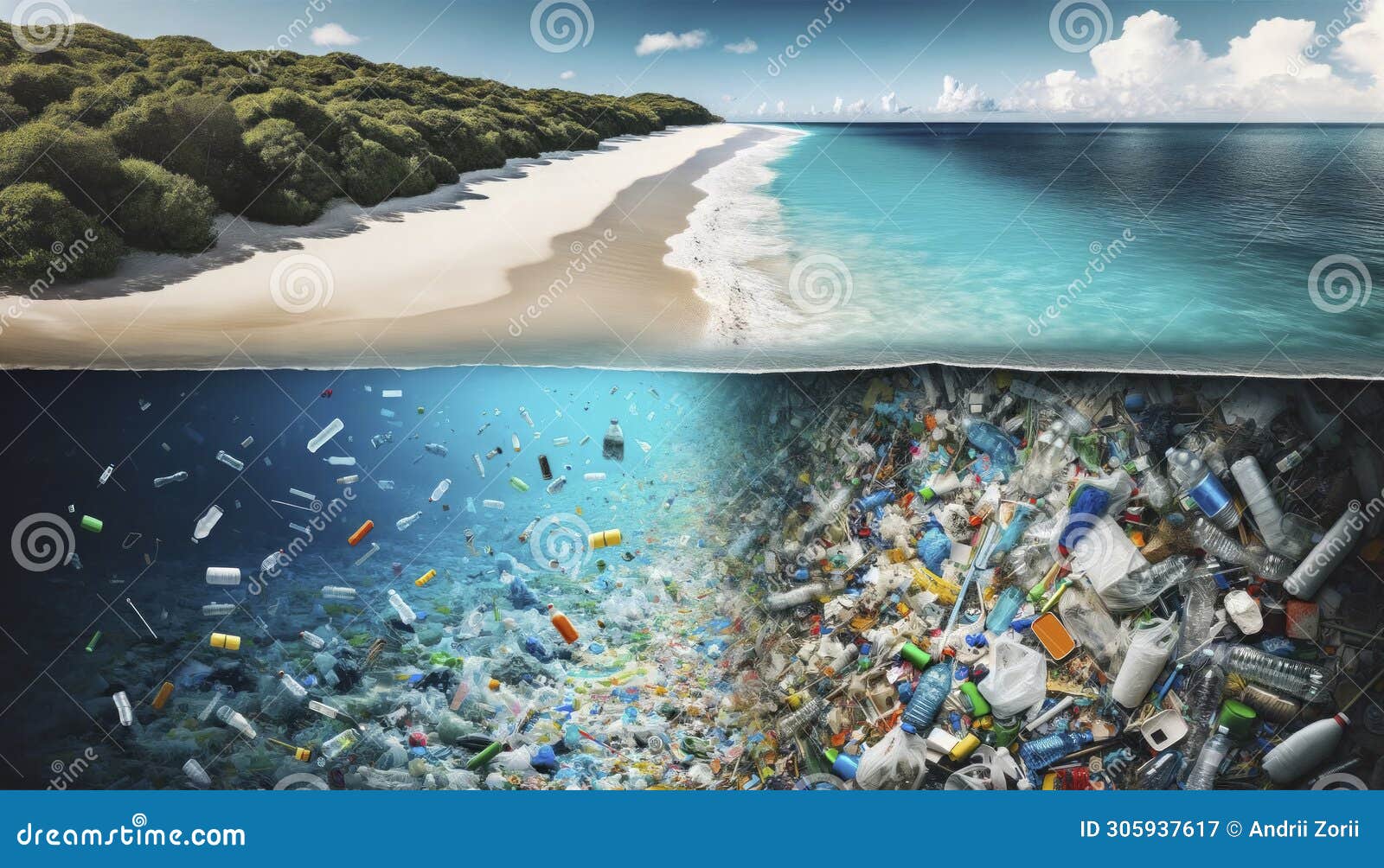 Environmental Contrast: Clean Beach and Plastic Pollution Stock Image ...