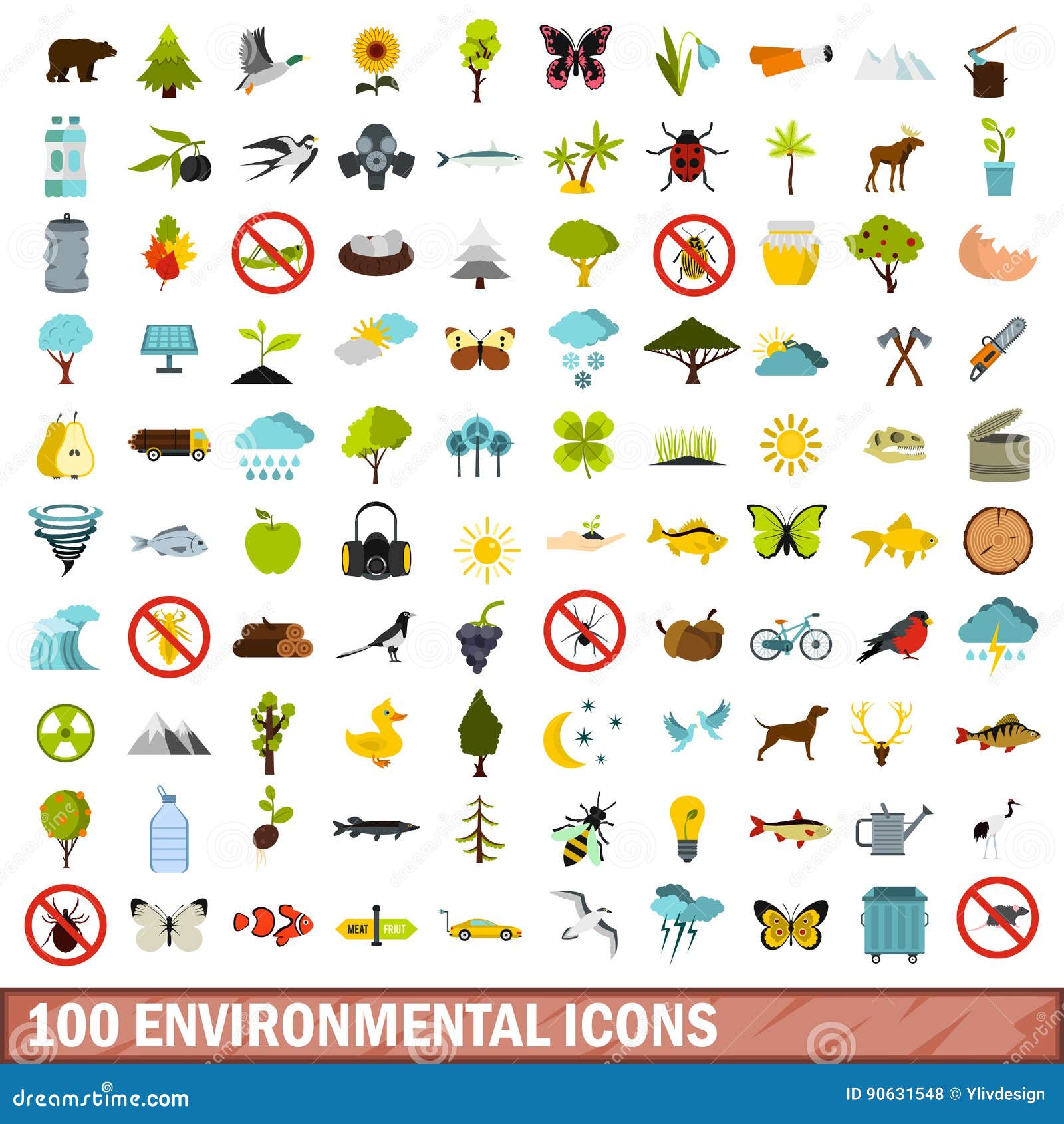 100 Environmental Icons Set, Flat Style Stock Vector - Illustration of ...