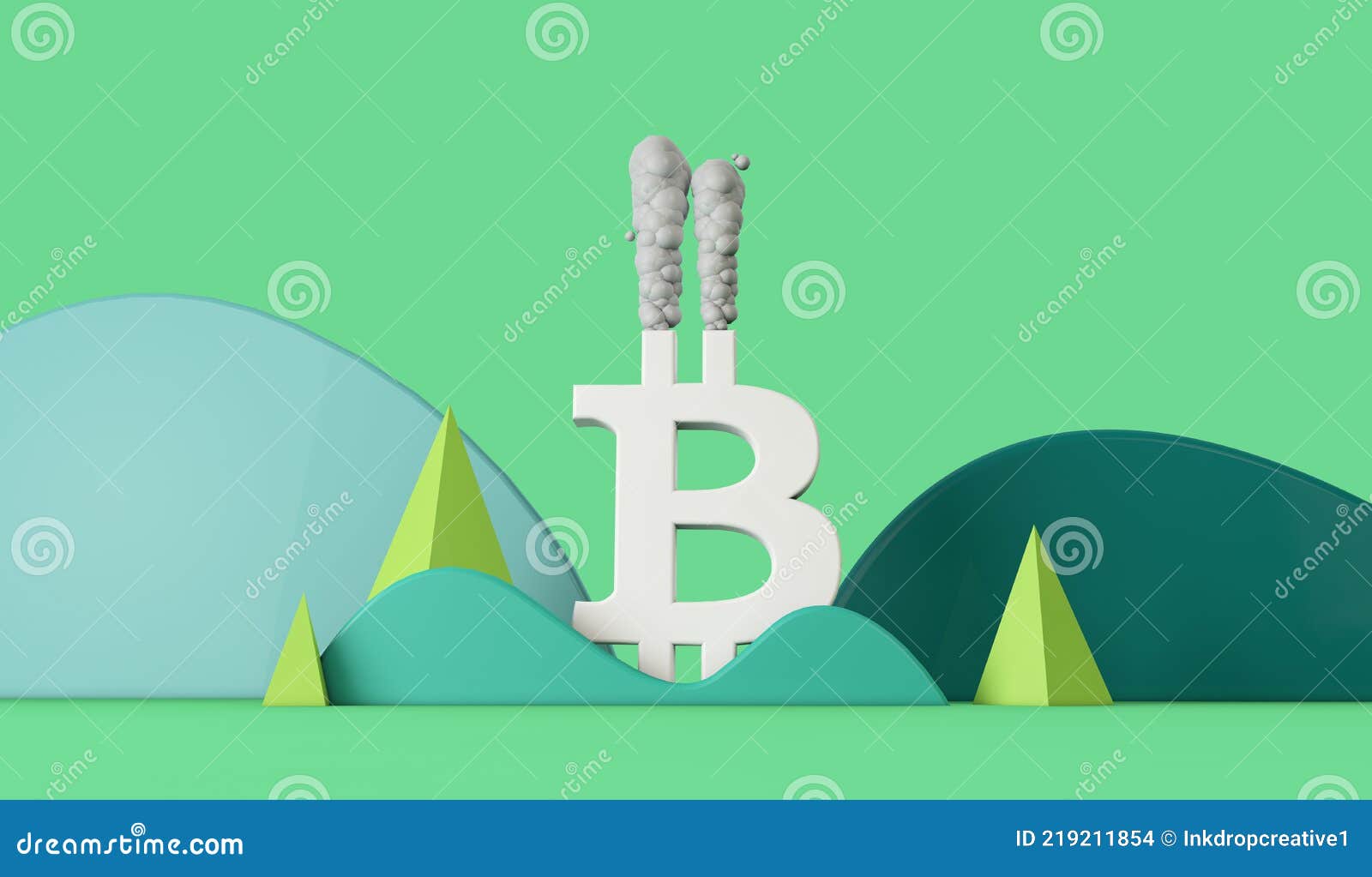 Environmental Impact of Bitcoin Cryptocurrency on Nature. 3D Rendering ...