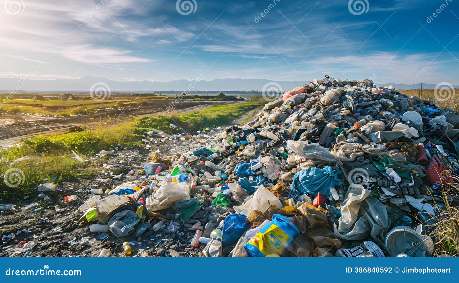 Overflowing Landfill With Plastic Waste Against Bright Blue Sky ...