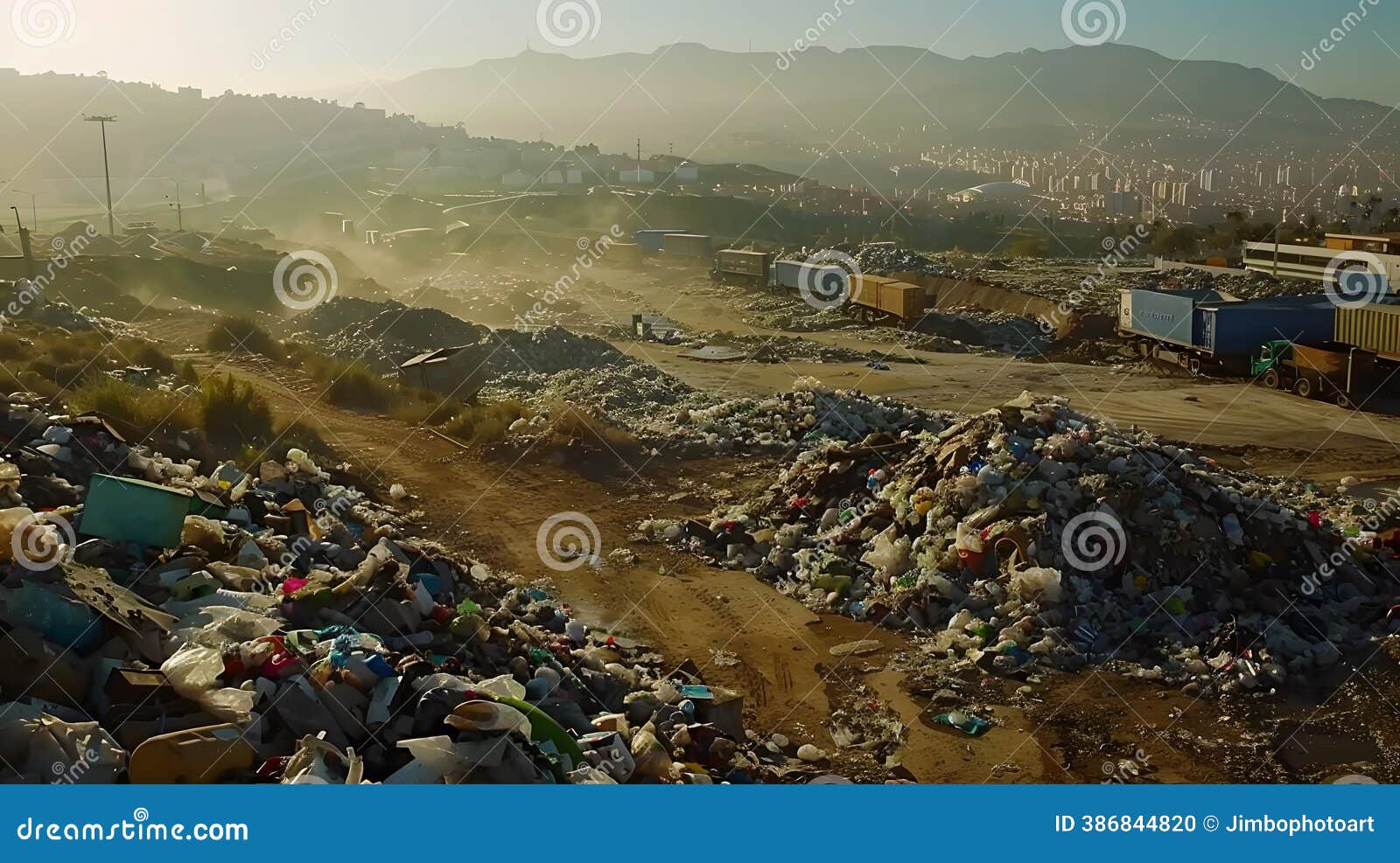 Overflowing Landfill With Plastic Waste Against Bright Blue Sky ...
