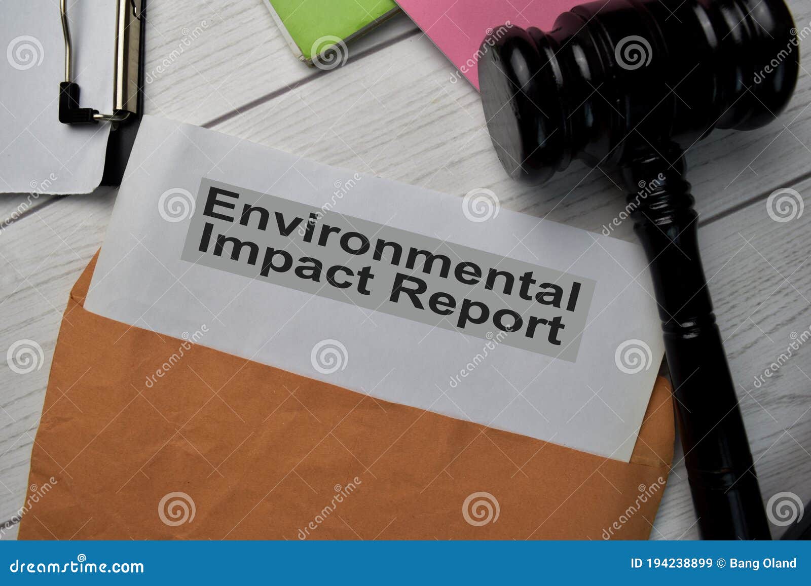 Environmental Impact Report Text with Document Brown Envelope and Gavel ...