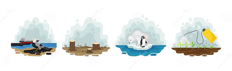 Environmental Issue and Ecological Problem Scene Vector Set Stock ...