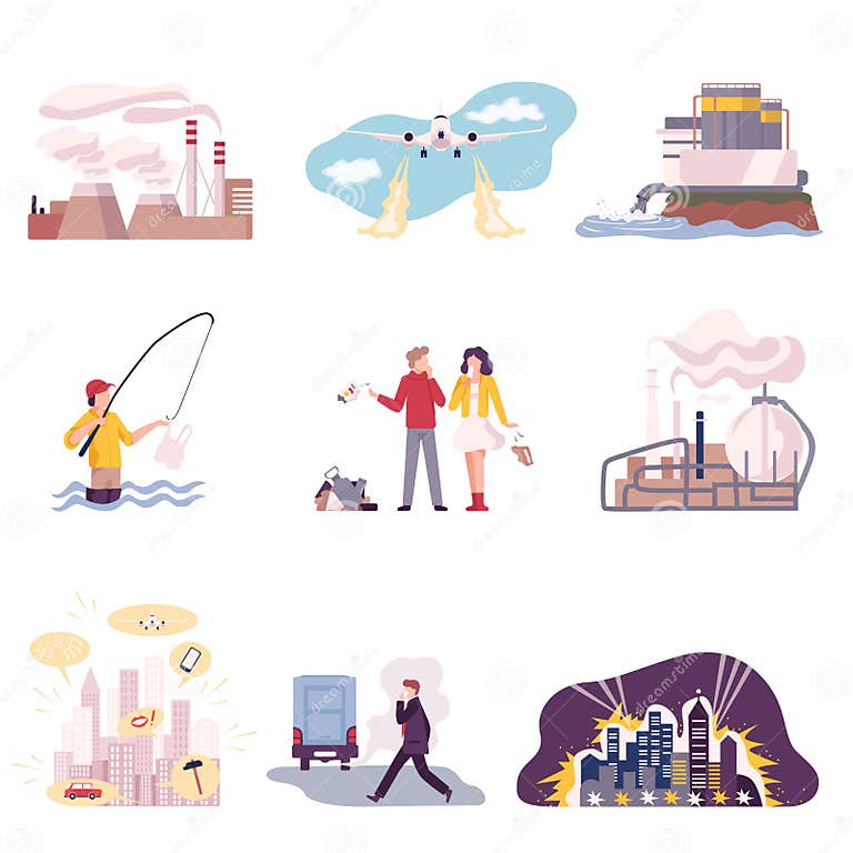 Environmental Pollution and Its Sources Vector Illustrations Set Stock ...