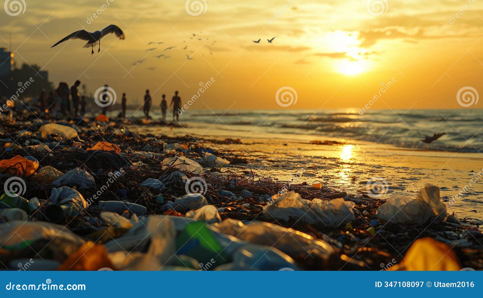 Environmental Pollution, Plastic Garbage Polluting Beach at Sunset ...
