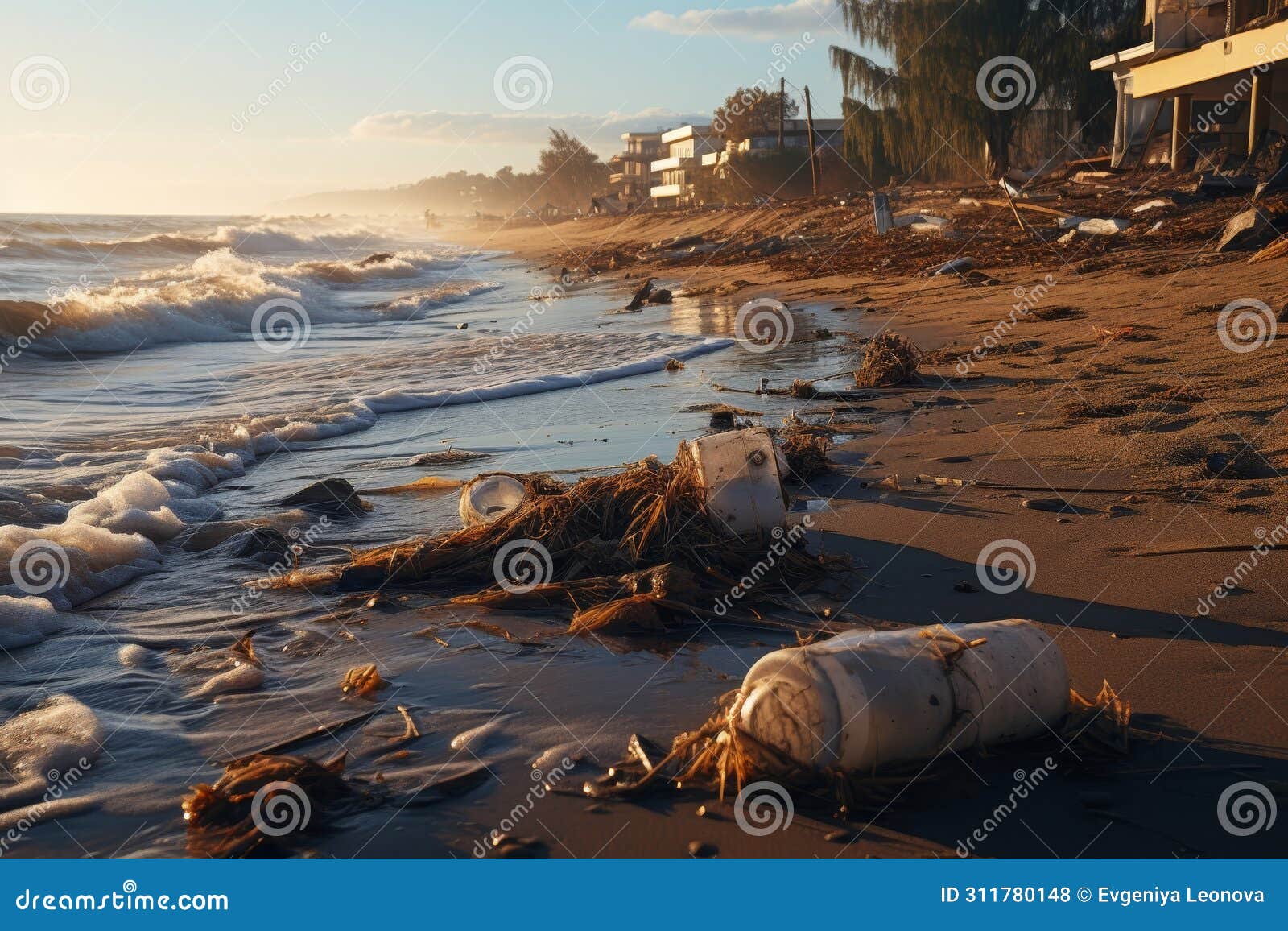 Environmental Pollution. Trash Deluged On Beach During Storm, Litter ...